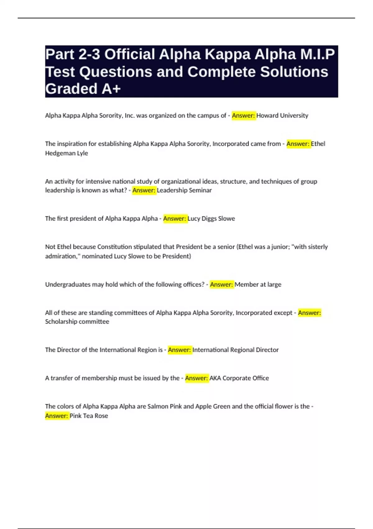 Part 2-3 Official Alpha Kappa Alpha M.I.P Test Questions and Complete ...