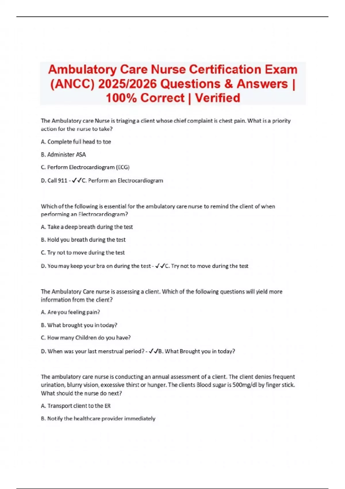 Ambulatory Care Nurse Certification Exam (ANCC) 2025/2026 Questions ...