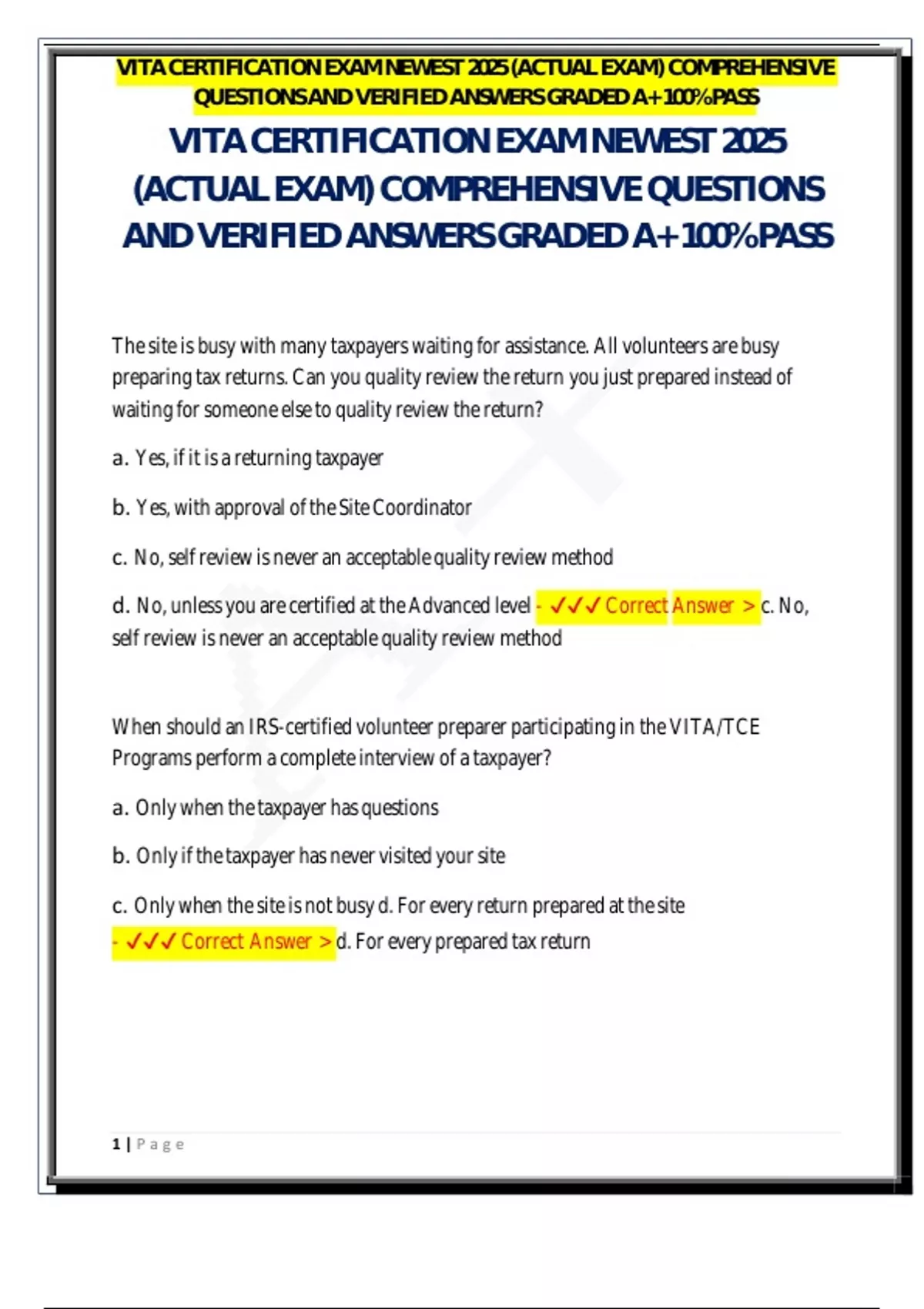 VITA CERTIFICATION EXAM NEWEST 2025 (ACTUAL EXAM) COMPREHENSIVE ...