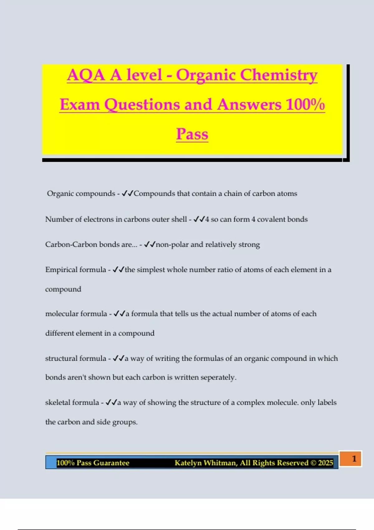 AQA A level - Organic Chemistry Exam Questions and Answers 100% Pass ...