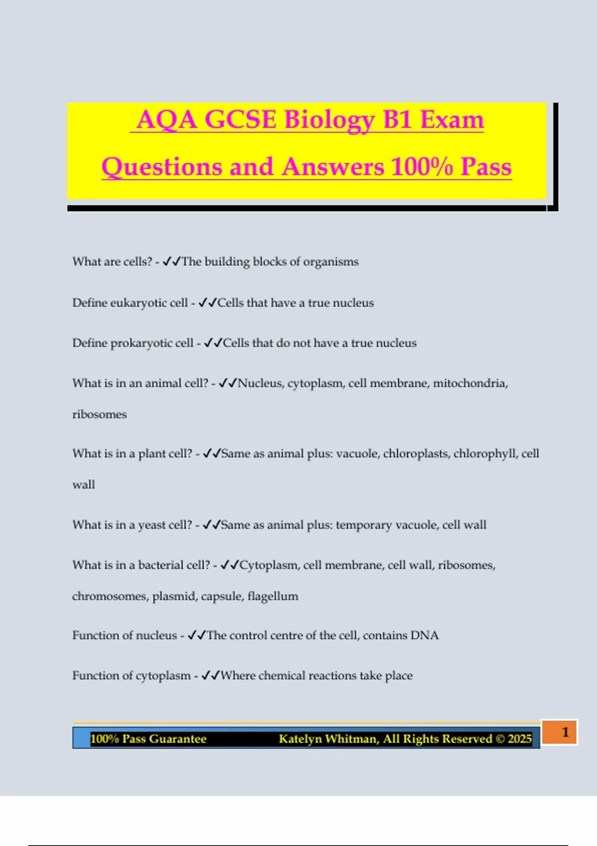 AQA GCSE Biology B1 Exam Questions and Answers 100% Pass - AQA GCSE ...