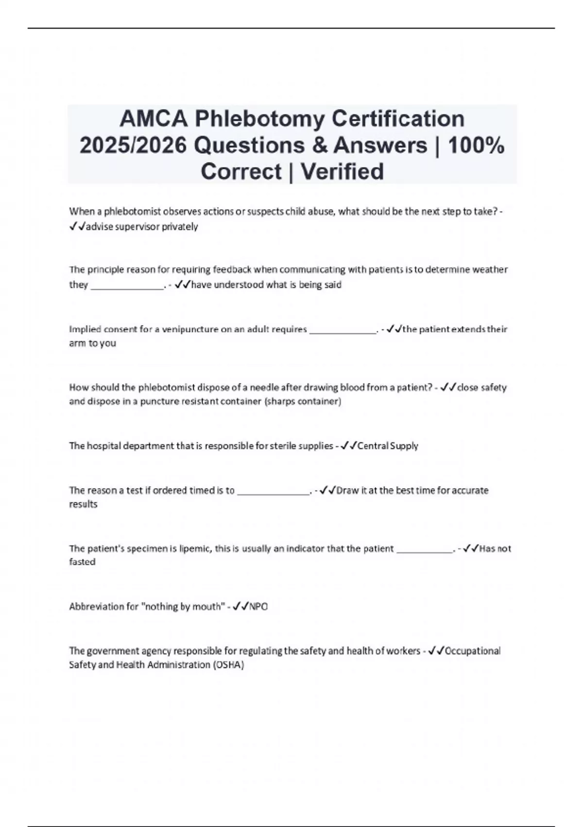 AMCA Phlebotomy Certification 2025/2026 Questions & Answers | 100% ...