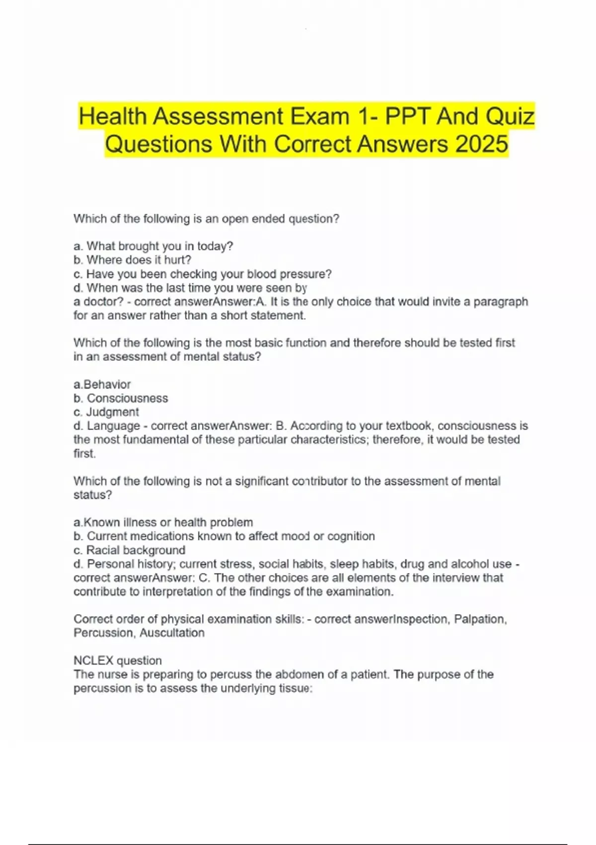 Health Assessment Exam 1- PPT And Quiz Questions With Correct Answers ...