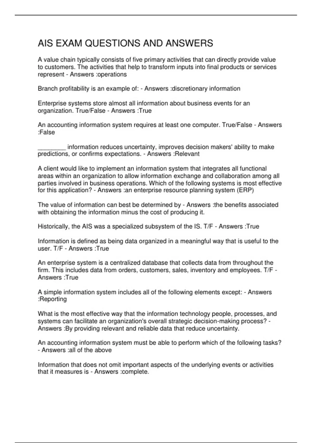 AIS EXAM QUESTIONS AND ANSWERS - AIS - Stuvia US