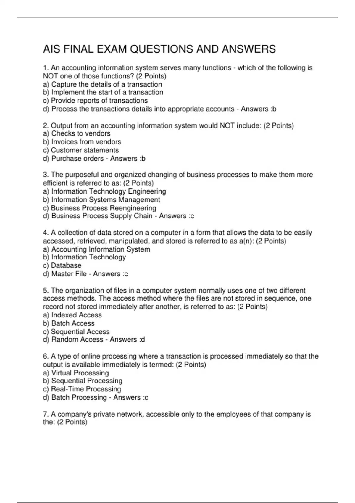 AIS FINAL EXAM QUESTIONS AND ANSWERS - AIS - Stuvia US
