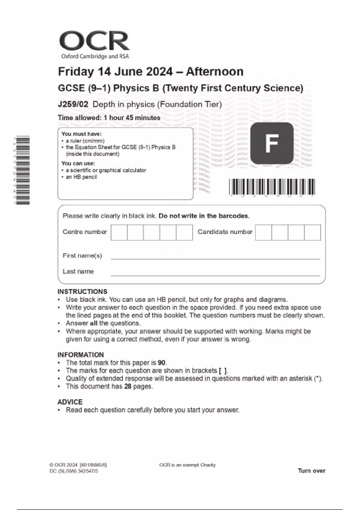 ACTUAL 2024 OCR GCSE (9–1) PHYSICS B J259/02 DEPTH IN PHYSICS (FOUNDATION TIER) GCSE LEVEL ...