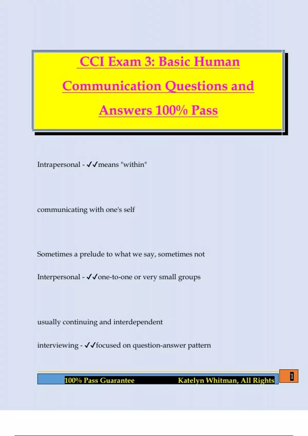 CCI Exam 3: Basic Human Communication Questions and Answers 100% Pass ...