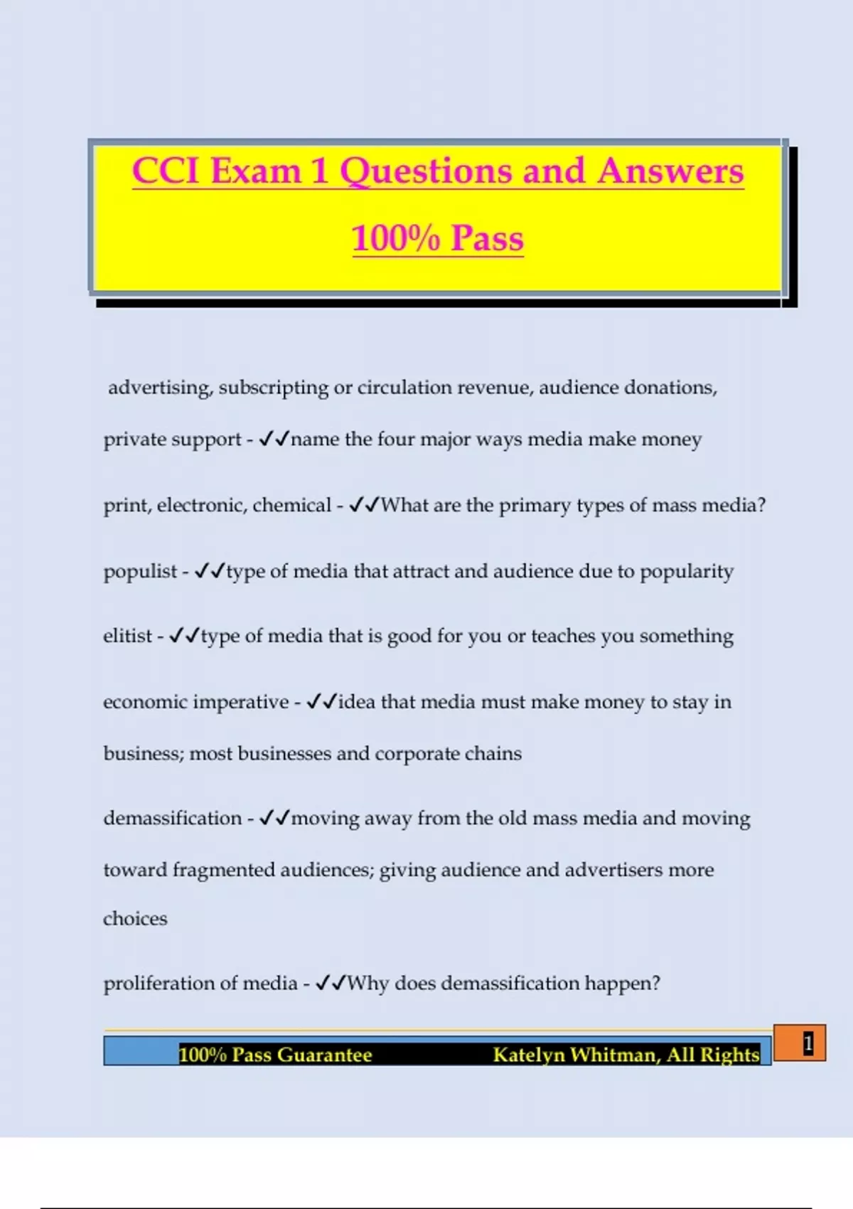 CCI Exam 1 Questions and Answers 100% Pass - CCI - Stuvia US