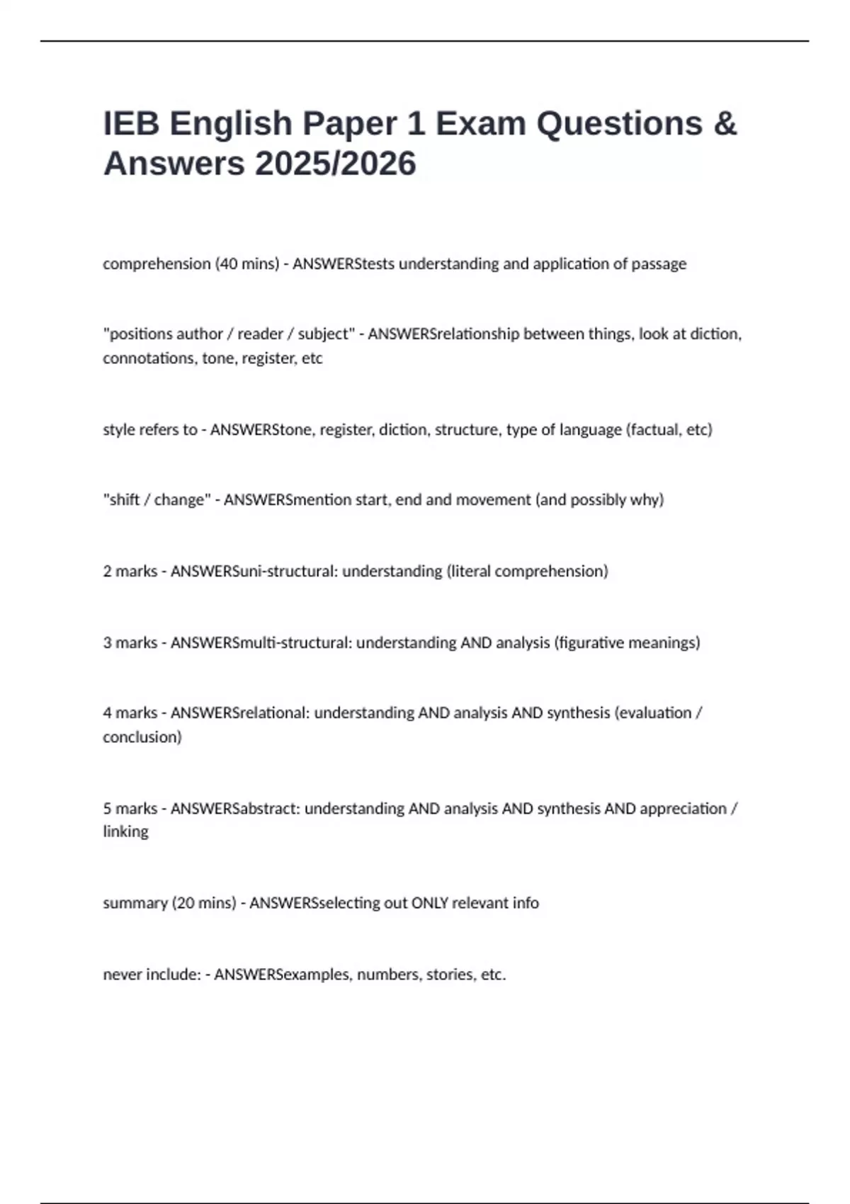 IEB English Paper 1 Exam Questions & Answers 2025/2026 - IEB English Paper 1 - Stuvia US