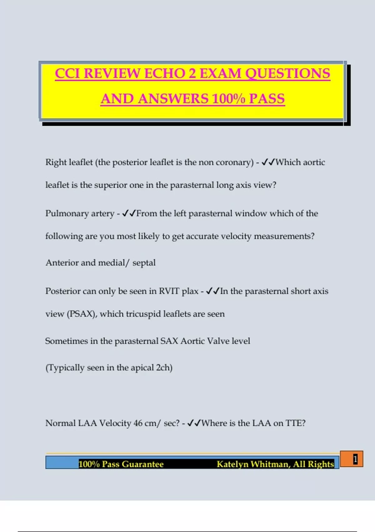 CCI REVIEW ECHO 2 EXAM QUESTIONS AND ANSWERS 100% PASS - CCI - Stuvia US