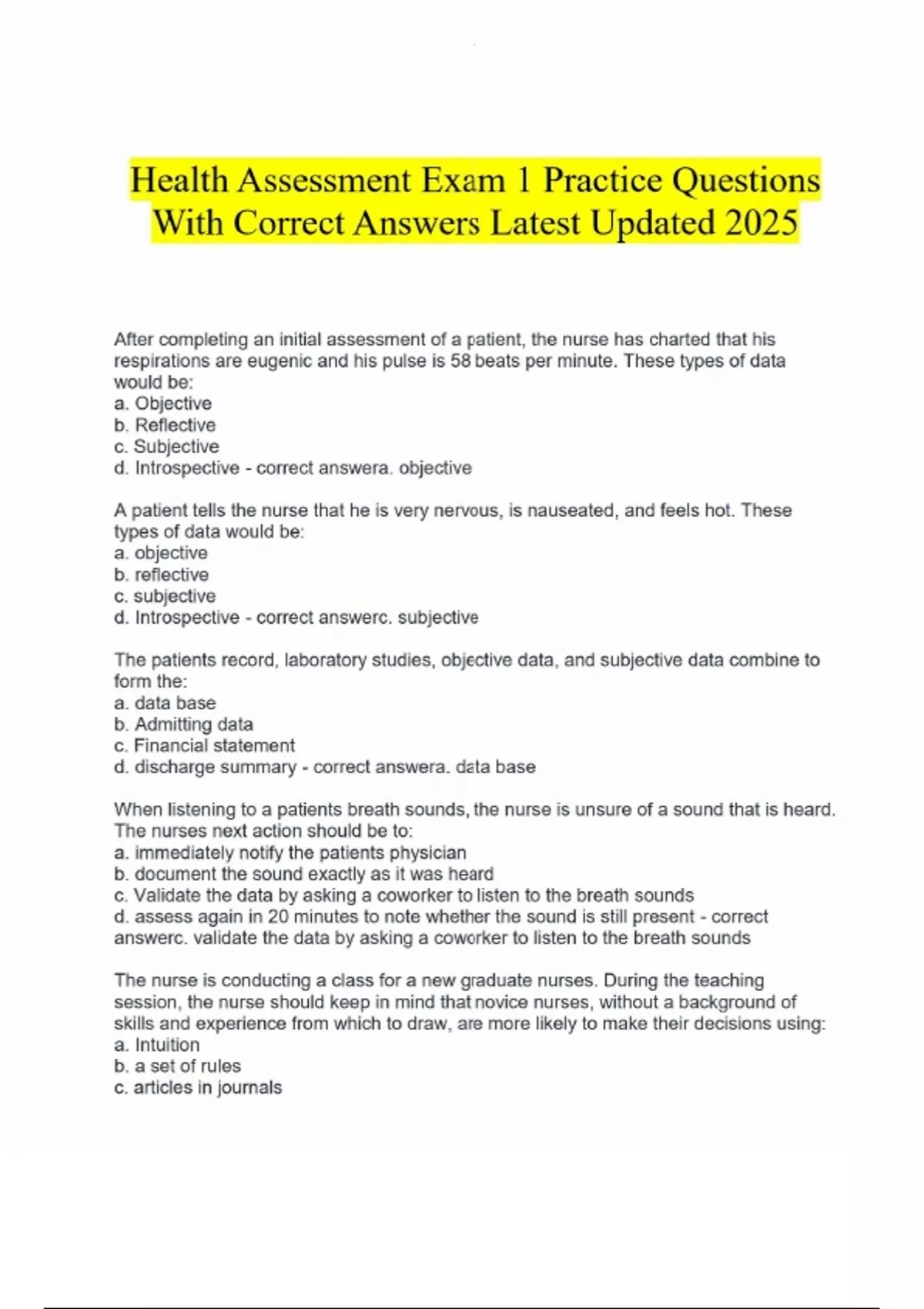 Health Assessment Exam 1 Practice Questions With Correct Answers Latest ...
