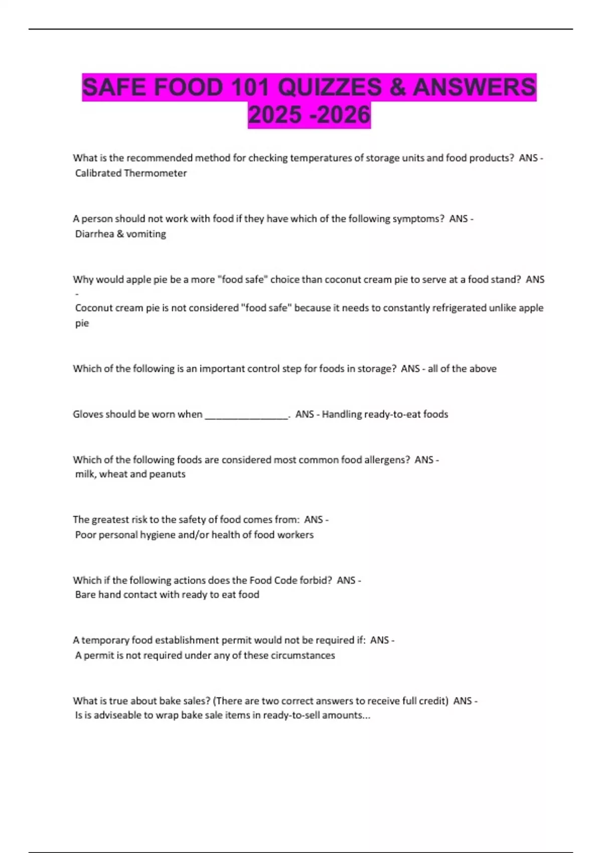 SAFE FOOD 101 QUIZZES & ANSWERS - State Food Safety - Stuvia US