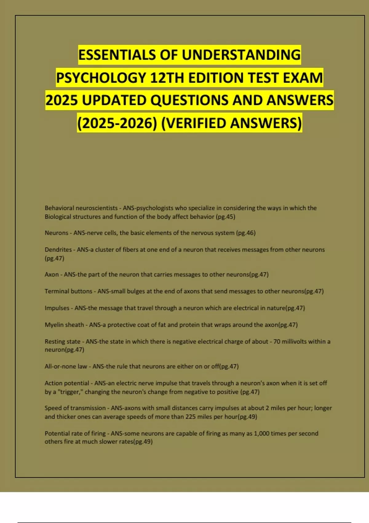 ESSENTIALS OF UNDERSTANDING PSYCHOLOGY 12TH EDITION TEST EXAM 2025 ...