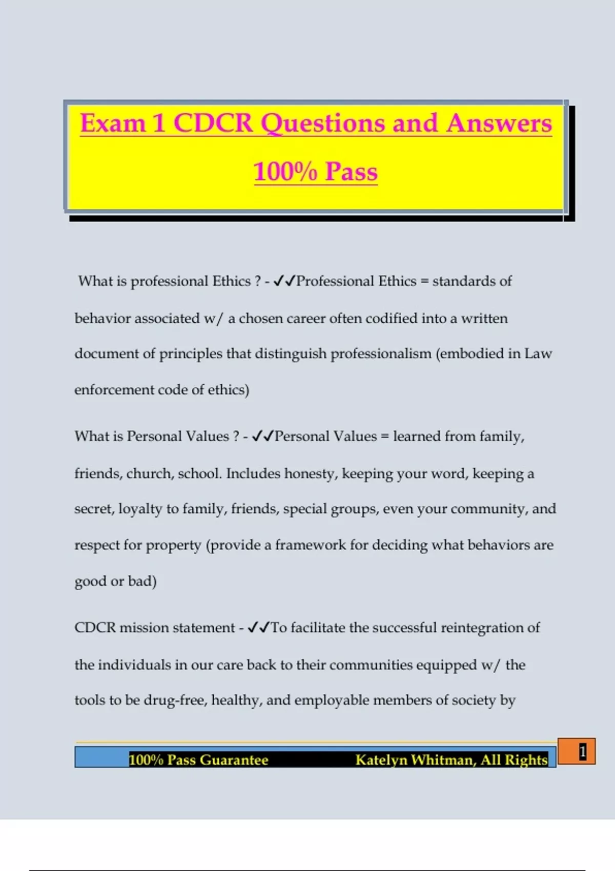 Exam 1 CDCR Questions and Answers 100% Pass - Cdcr - Stuvia US