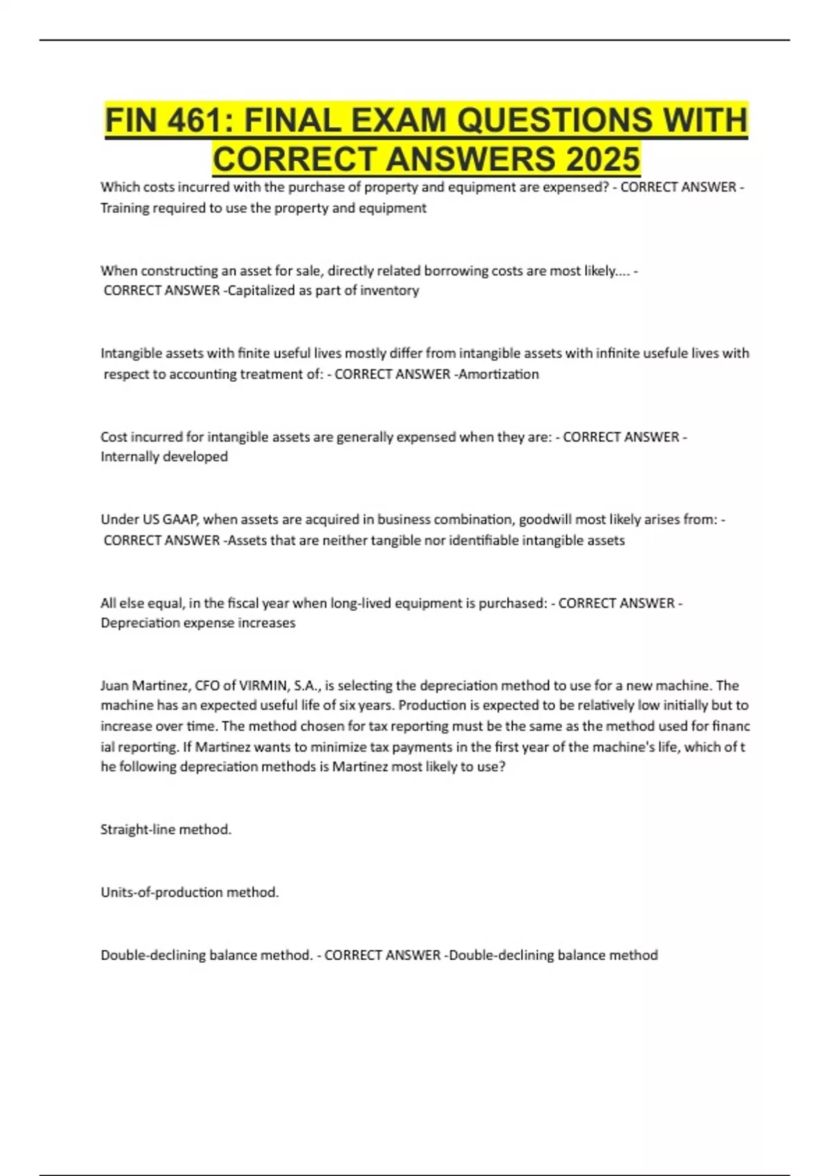 FIN 461 FINAL EXAM QUESTIONS WITH CORRECT ANSWERS 2025 - FIN 461 - Stuvia US