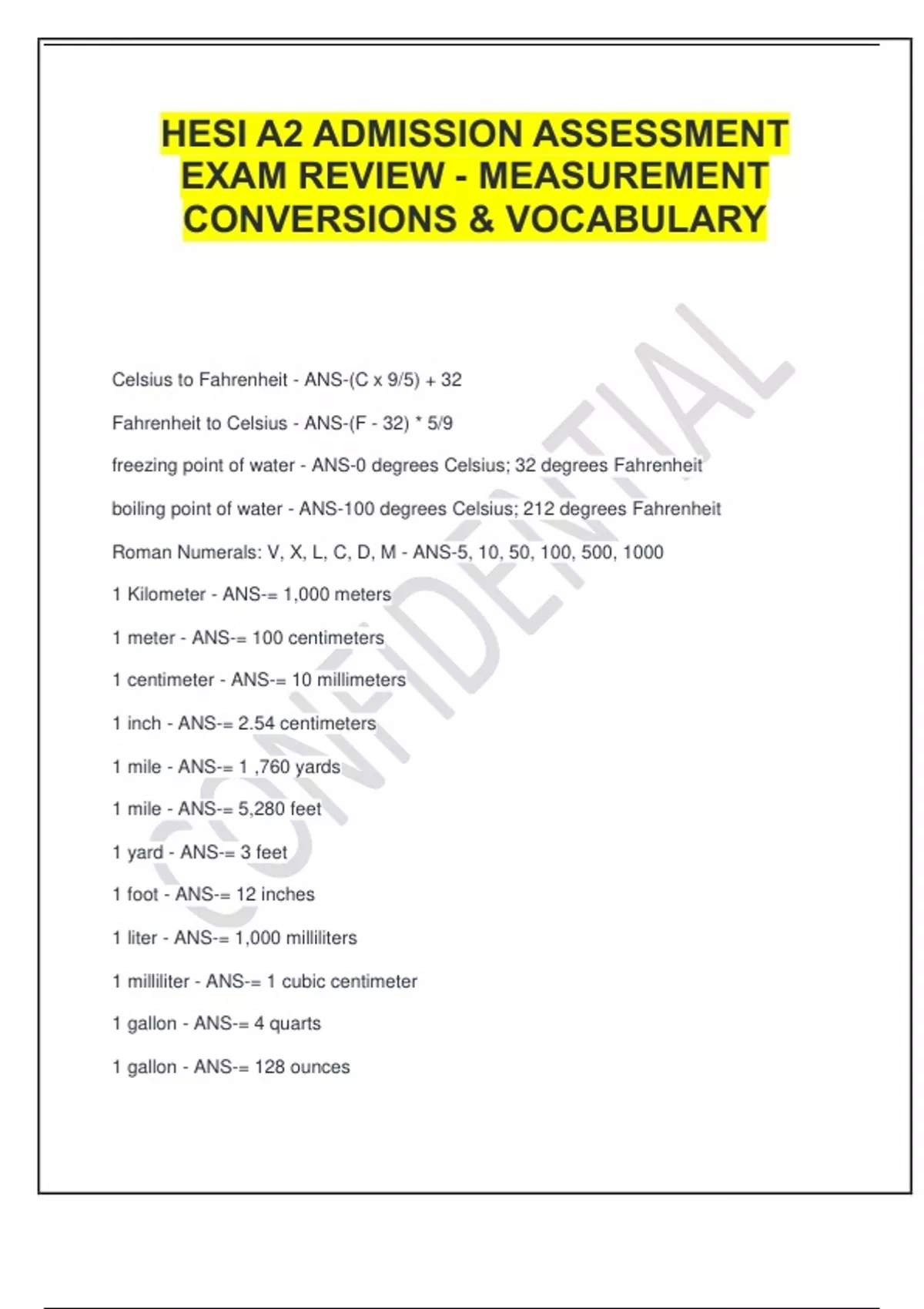 HESI A2 ADMISSION ASSESSMENT EXAM REVIEW - MEASUREMENT CONVERSIONS ...