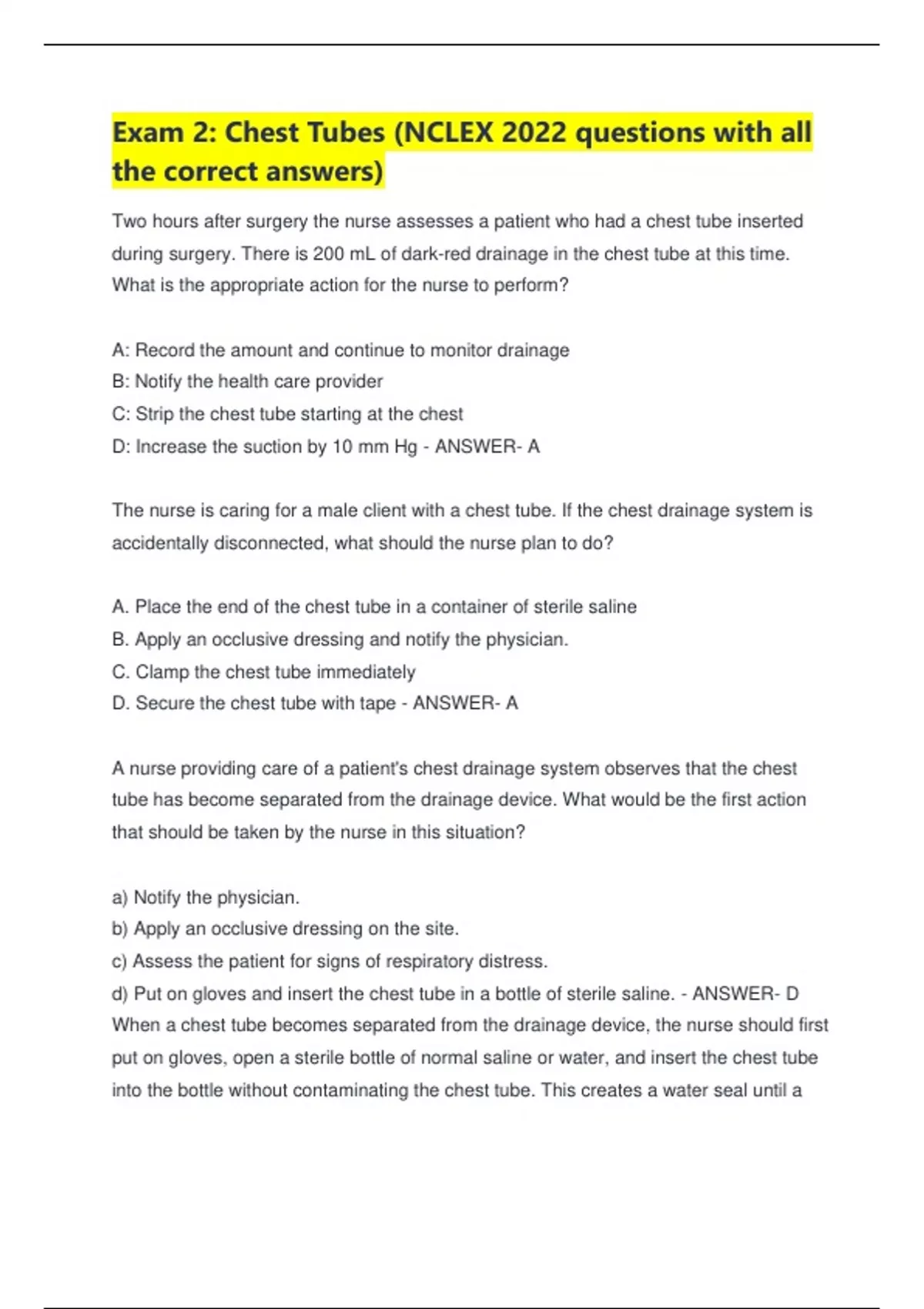 Exam 2: Chest Tubes (NCLEX 2022 questions with all the correct answers ...