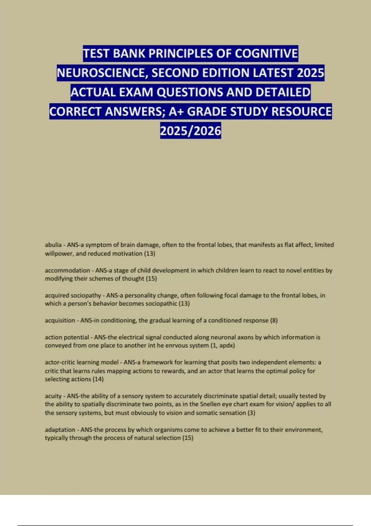 TEST BANK PRINCIPLES OF COGNITIVE NEUROSCIENCE, SECOND EDITION LATEST ...