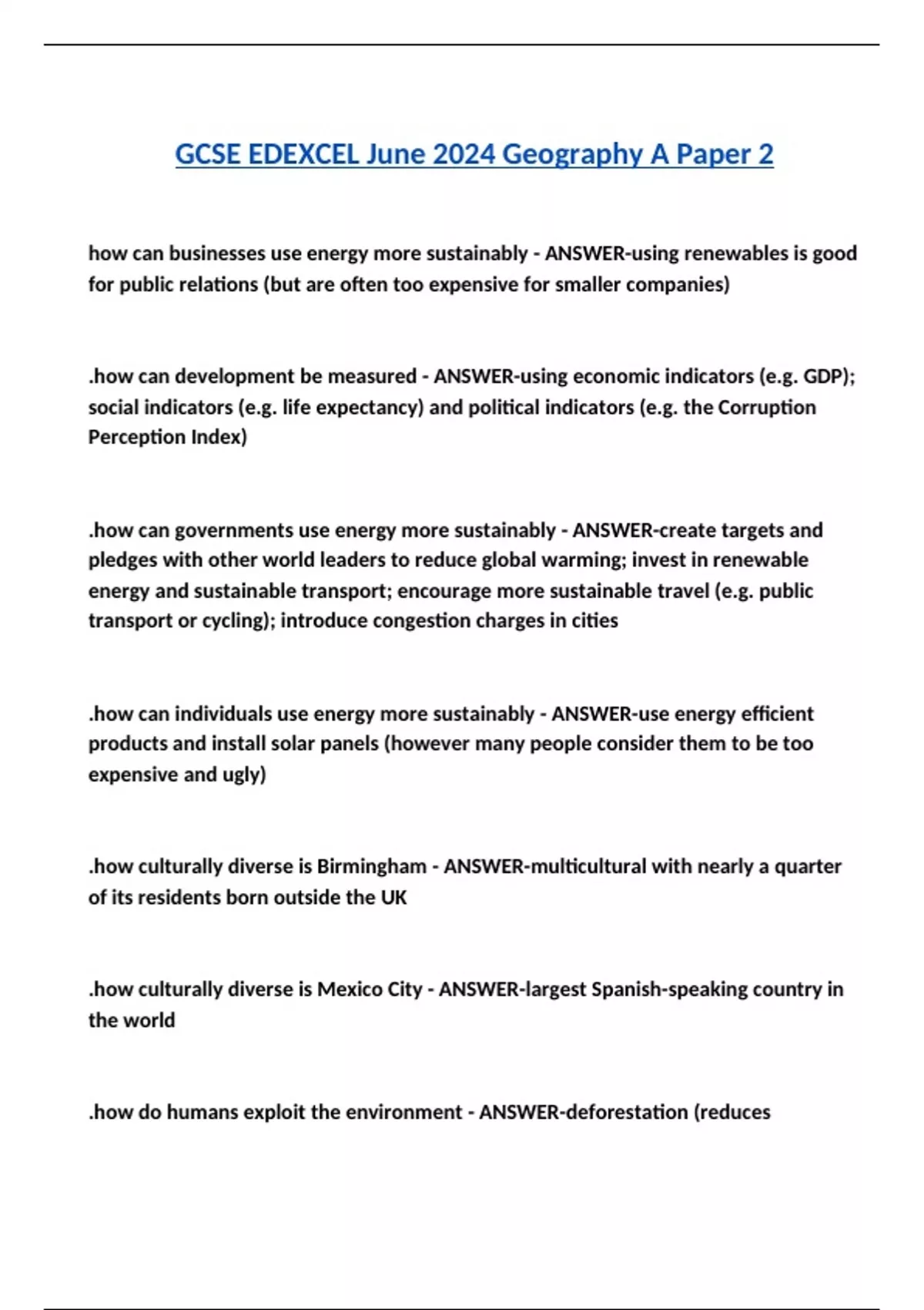 GCSE EDEXCEL June 2024 Geography A Paper 2 - GCSE EDEXCEL June 2024 ...