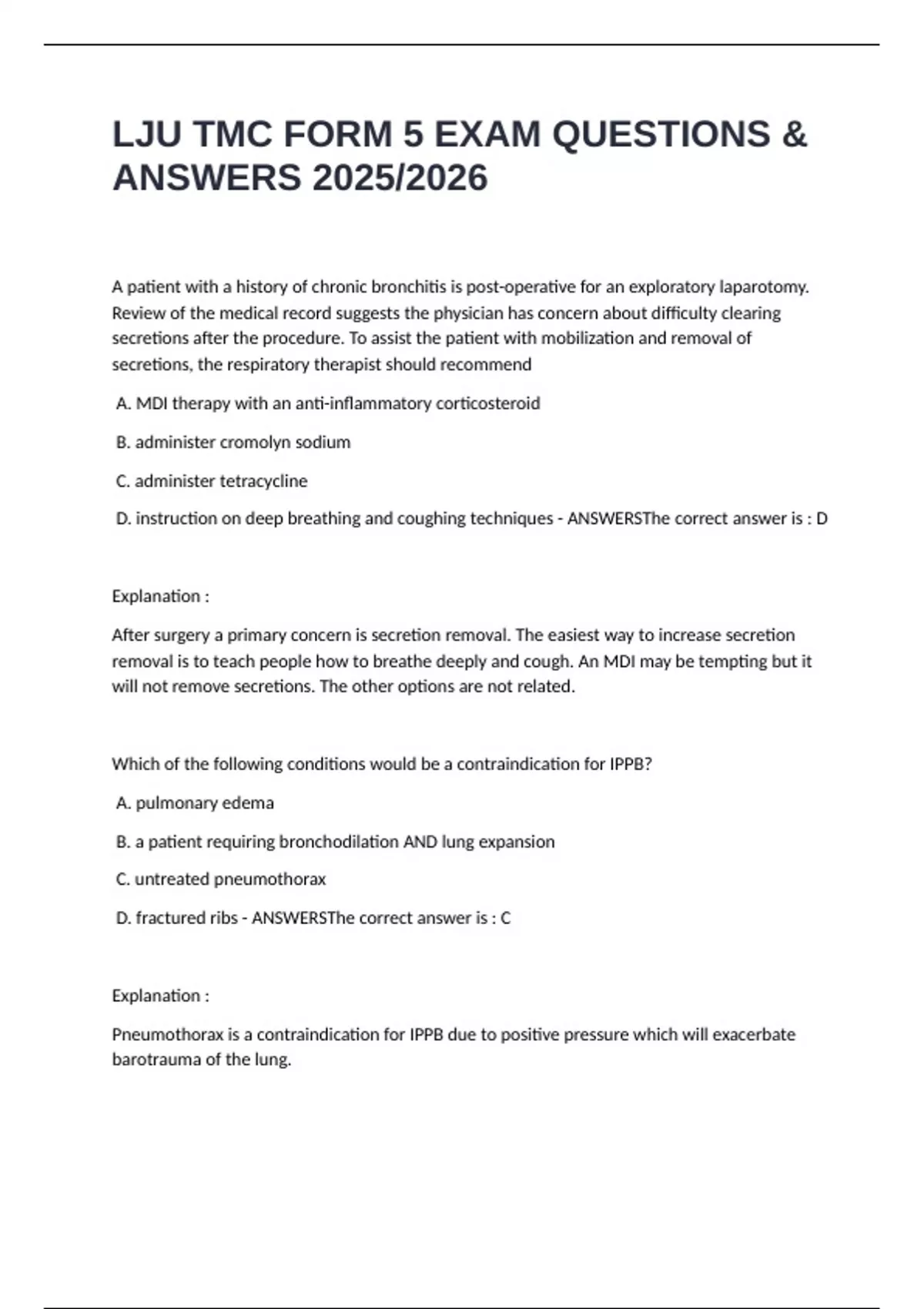 LJU TMC FORM 5 EXAM QUESTIONS & ANSWERS 2025/2026 - LJU TMC FORM 5 ...