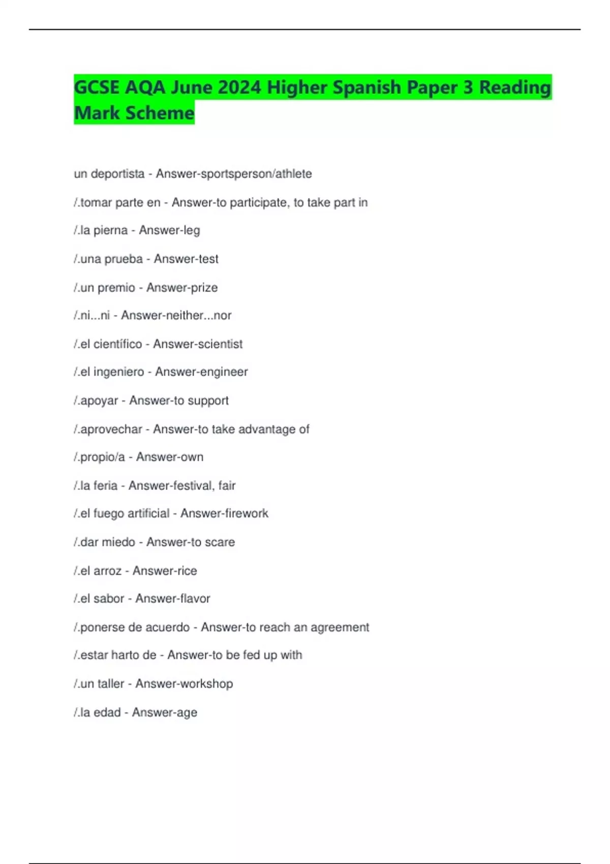 GCSE AQA June 2024 Higher Spanish Paper 3 Reading Mark Scheme - GCSE ...