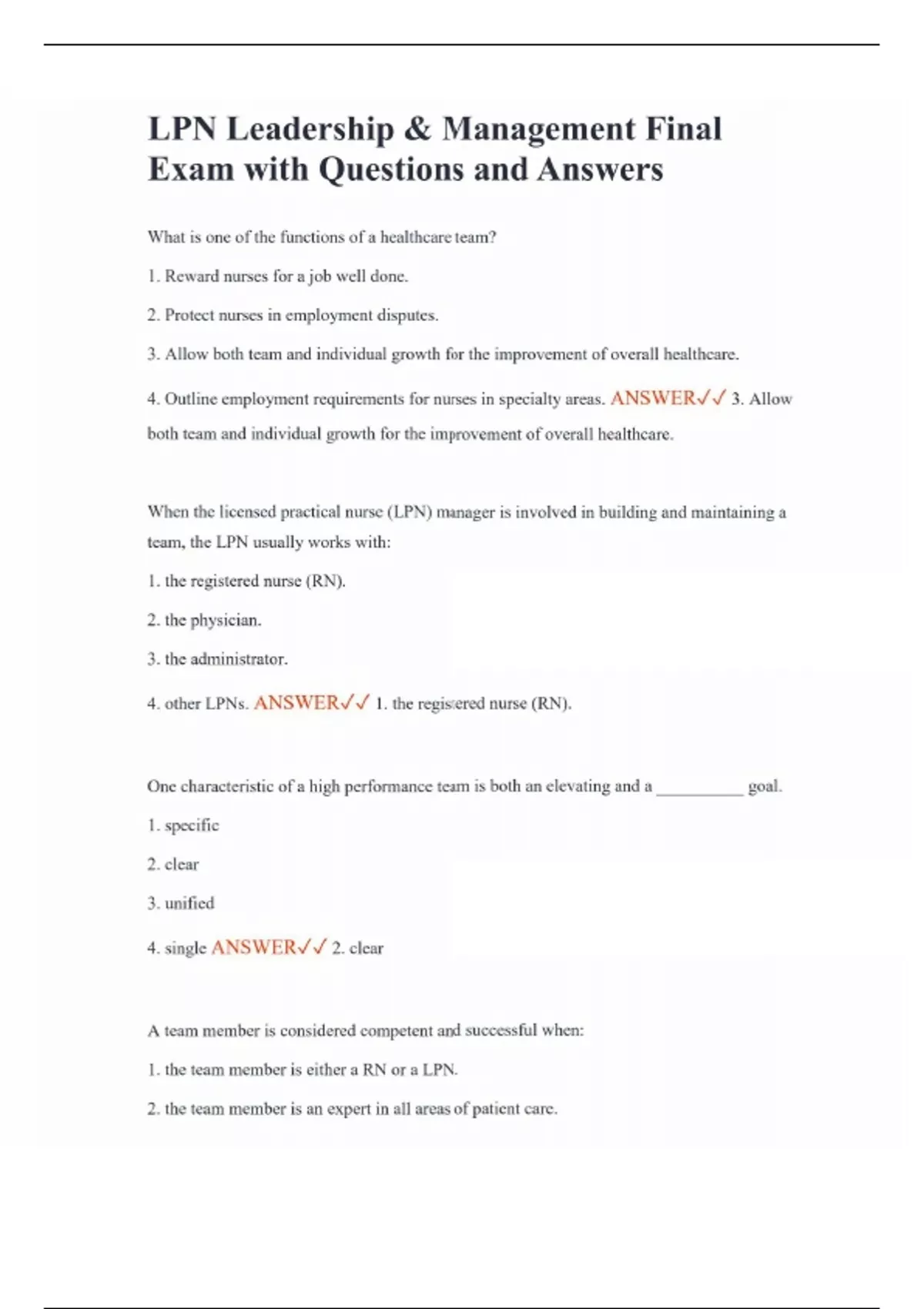 LPN Leadership & Management Final Exam with Questions and Answers ...