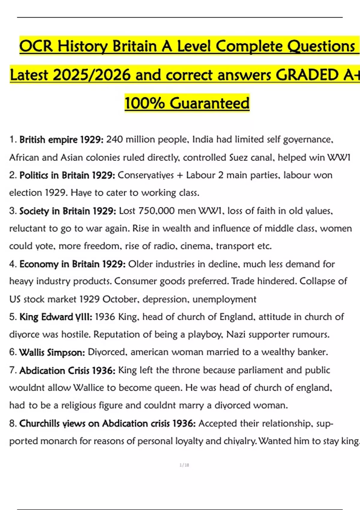 OCR History Britain A Level Complete Questions Latest 2025/2026 and ...