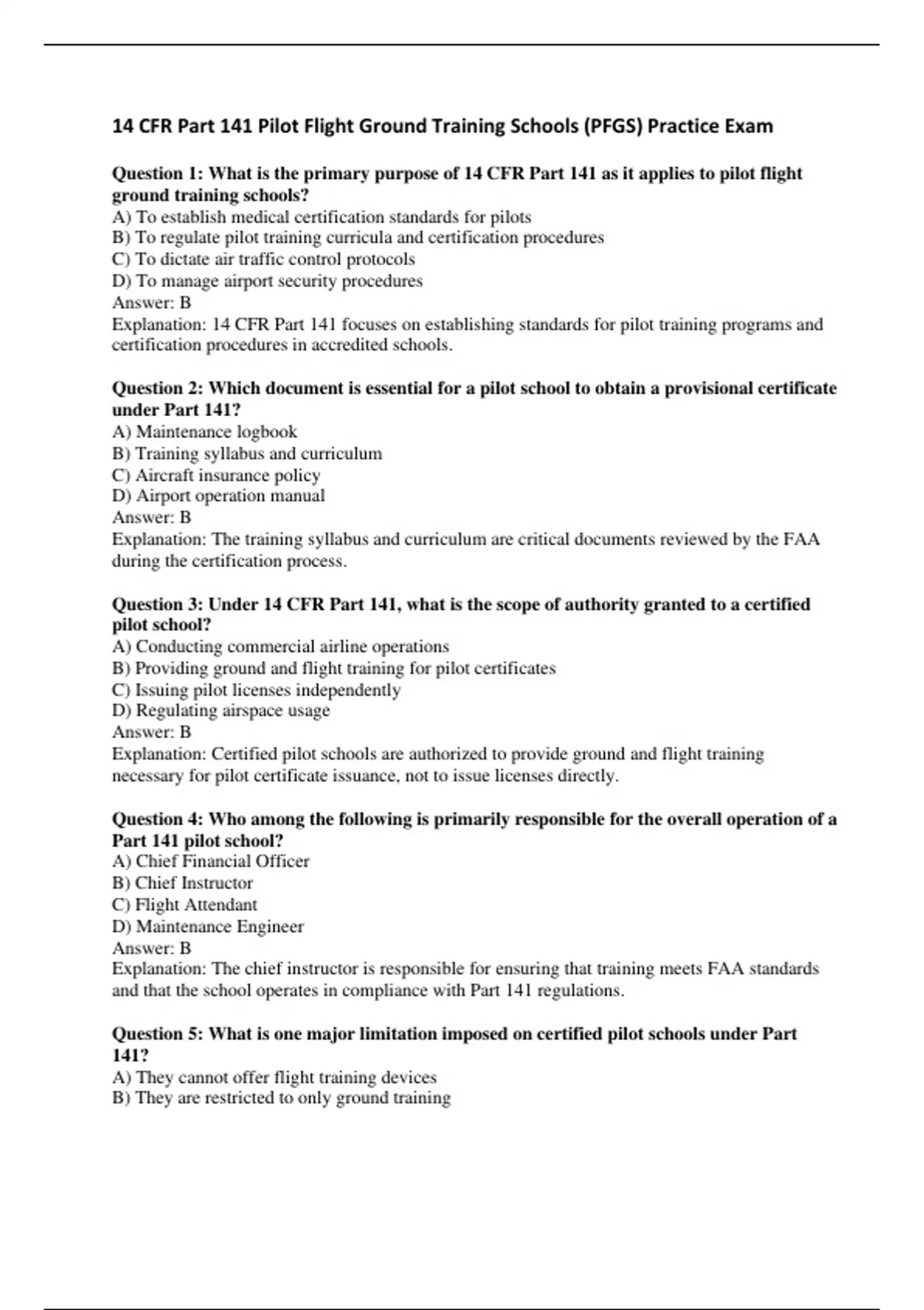 14 CFR Part 141 Pilot Flight Ground Training Schools (PFGS) Practice ...