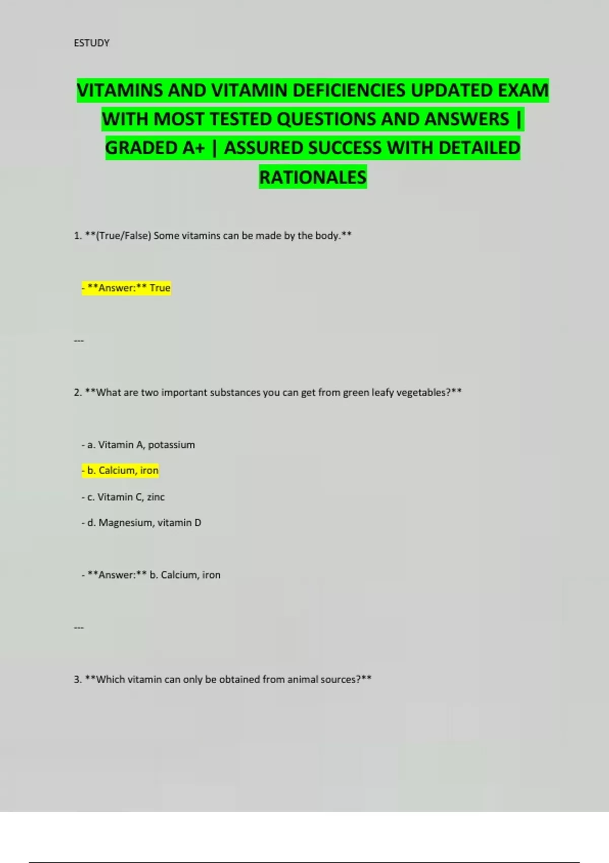 VITAMINS AND VITAMIN DEFICIENCIES UPDATED EXAM WITH MOST TESTED ...