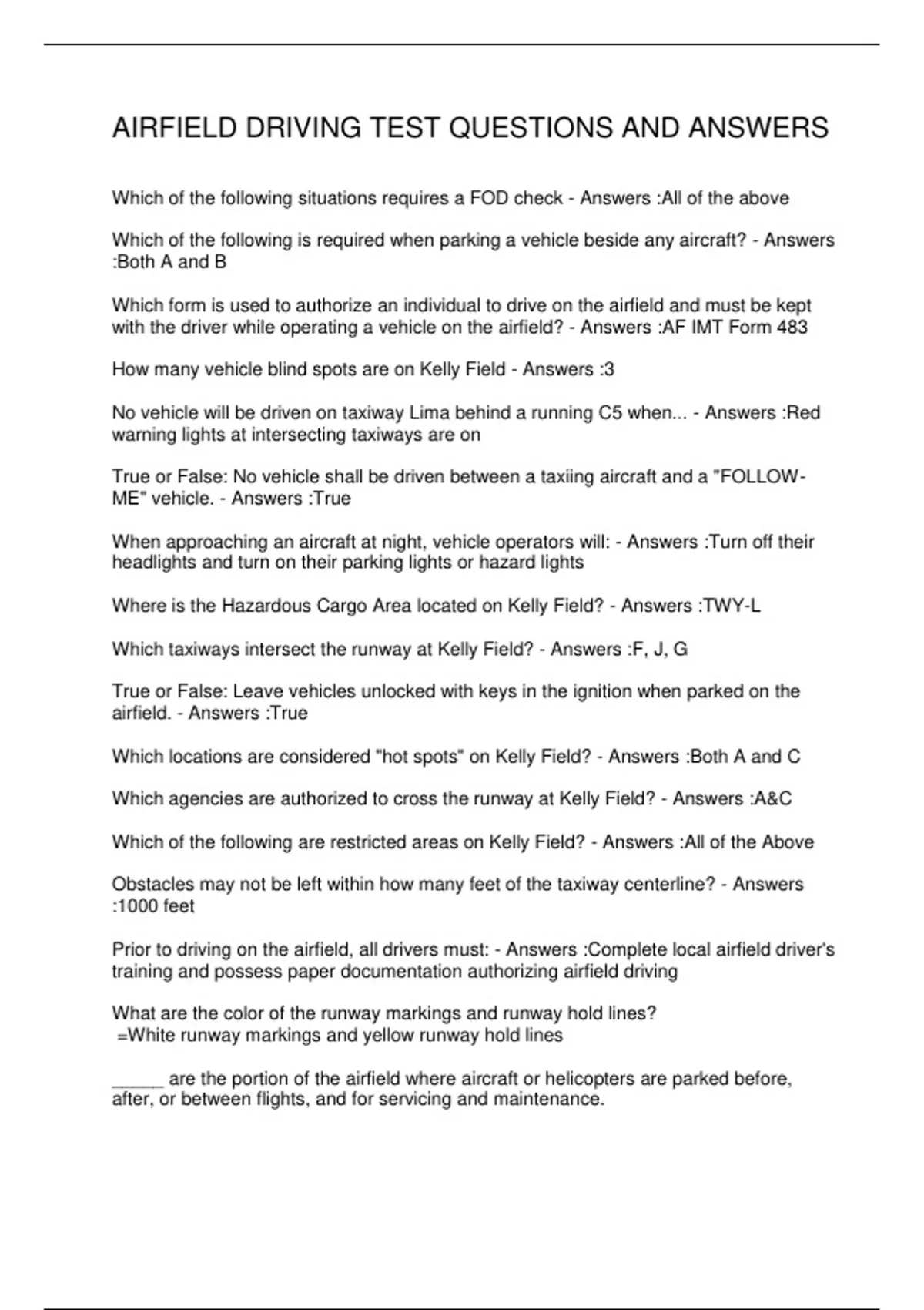 AIRFIELD DRIVING TEST QUESTIONS AND ANSWERS - AIRFIELD DRIVING - Stuvia US