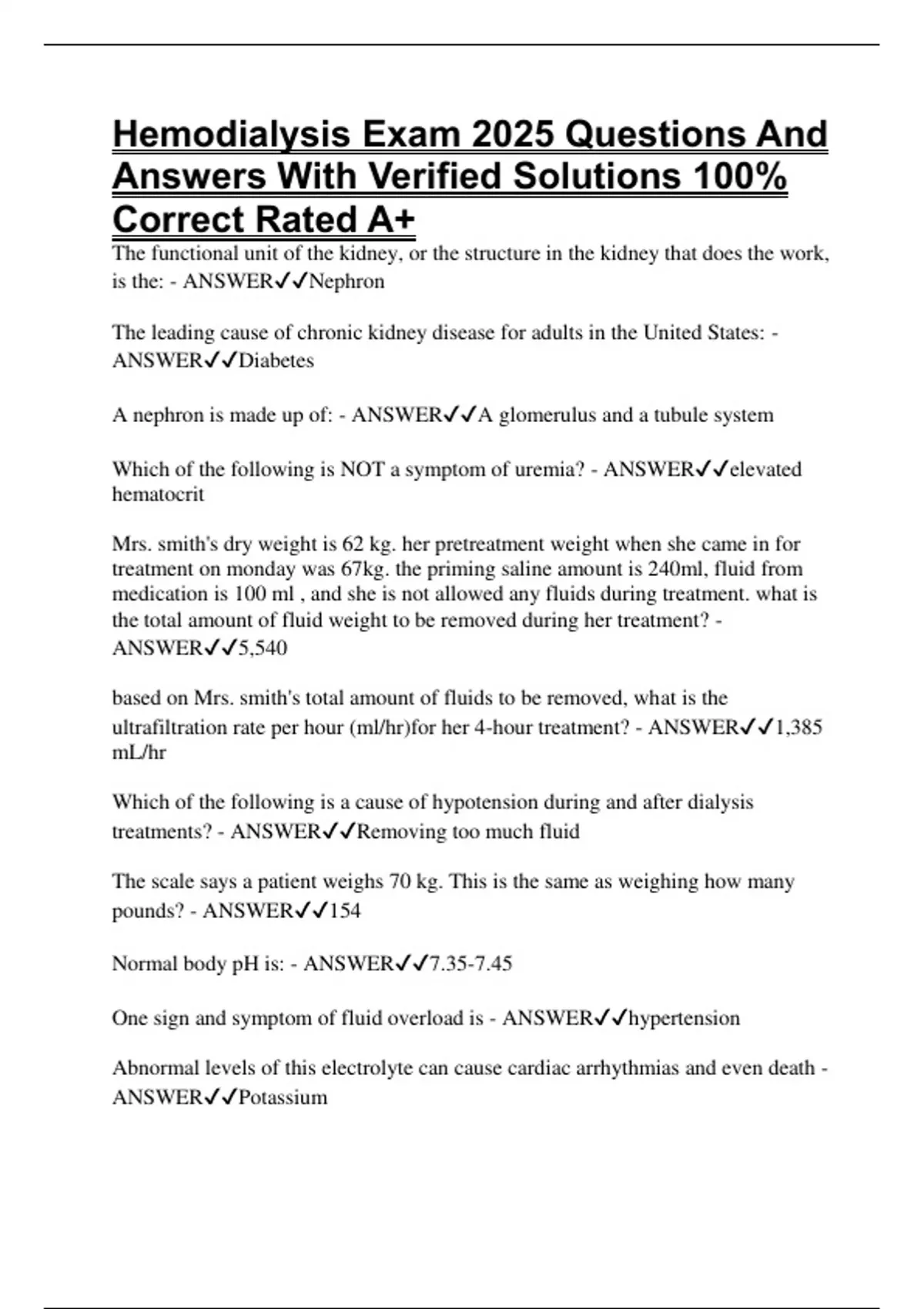 Hemodialysis Exam 2025 Questions And Answers With Verified Solutions ...