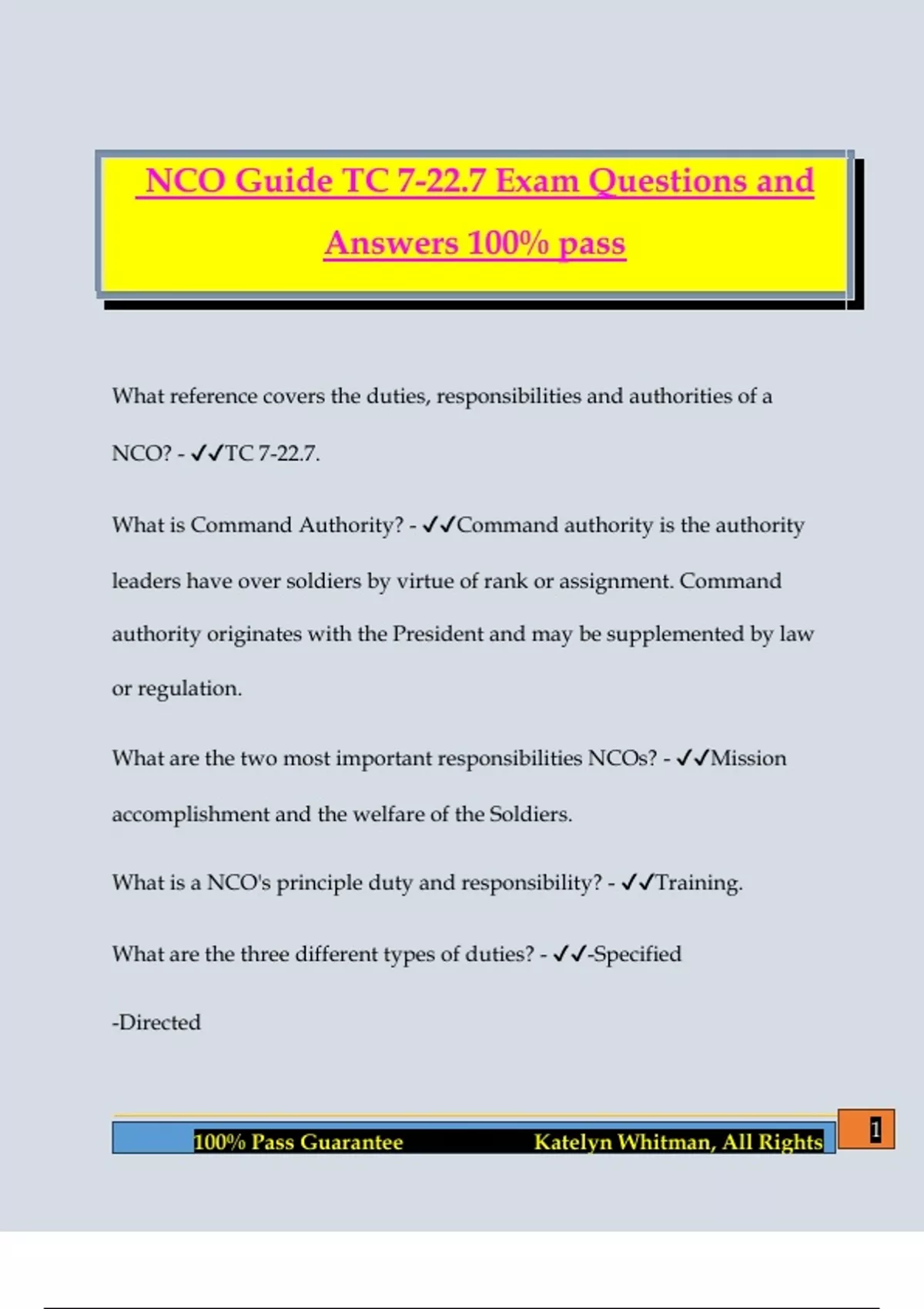 NCO Guide TC 7-22.7 Exam Questions and Answers 100% pass - JROTC NCO ...