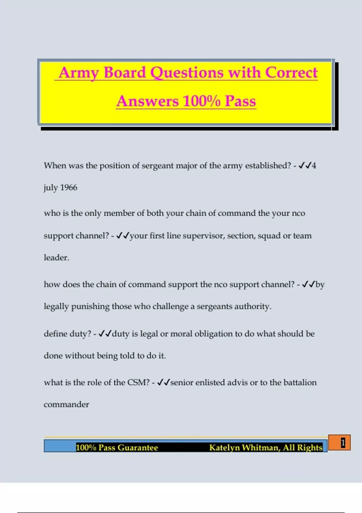 Army Board Questions with Correct Answers 100% Pass - JROTC NCO Board ...