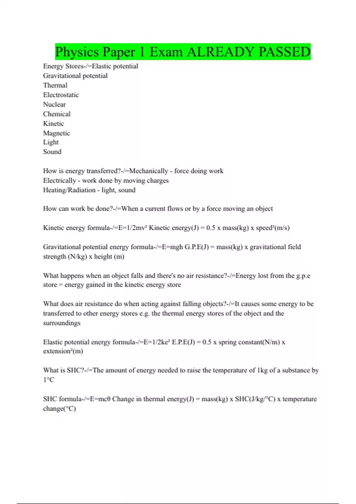 Physics Paper 1 Exam Already Passed - Physics Paper 1 E - Stuvia US