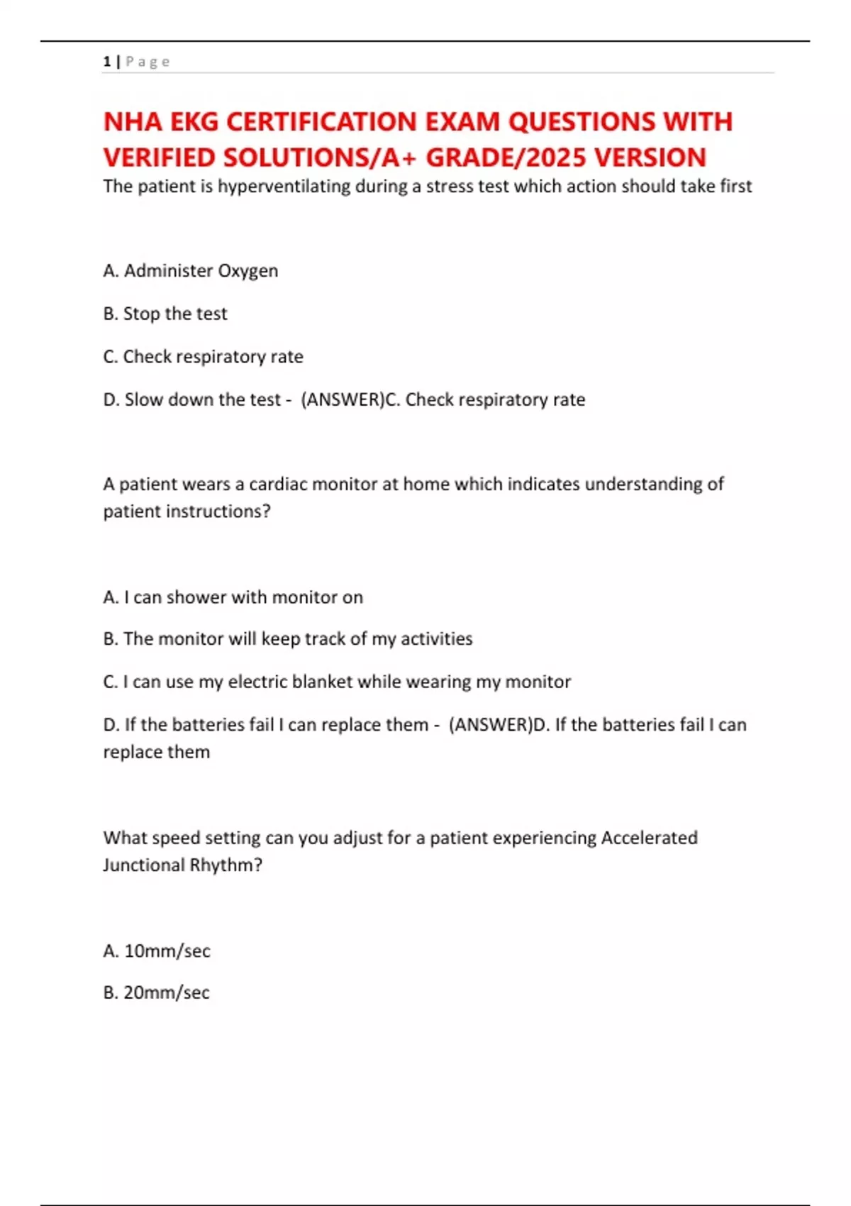 NHA EKG CERTIFICATION EXAM QUESTIONS WITH VERIFIED SOLUTIONS/A+ GRADE ...