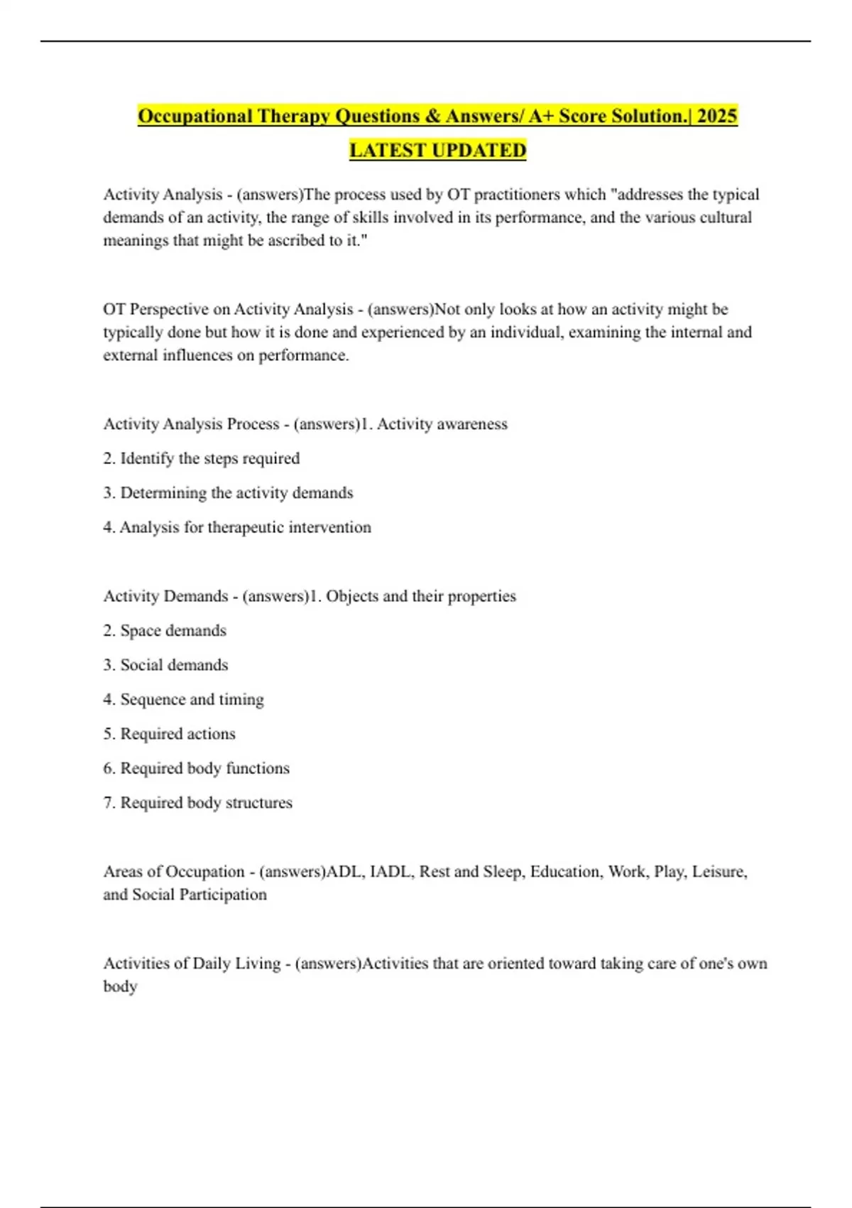 Occupational Therapy Questions & Answers/ A+ Score Solution.| 2025 ...