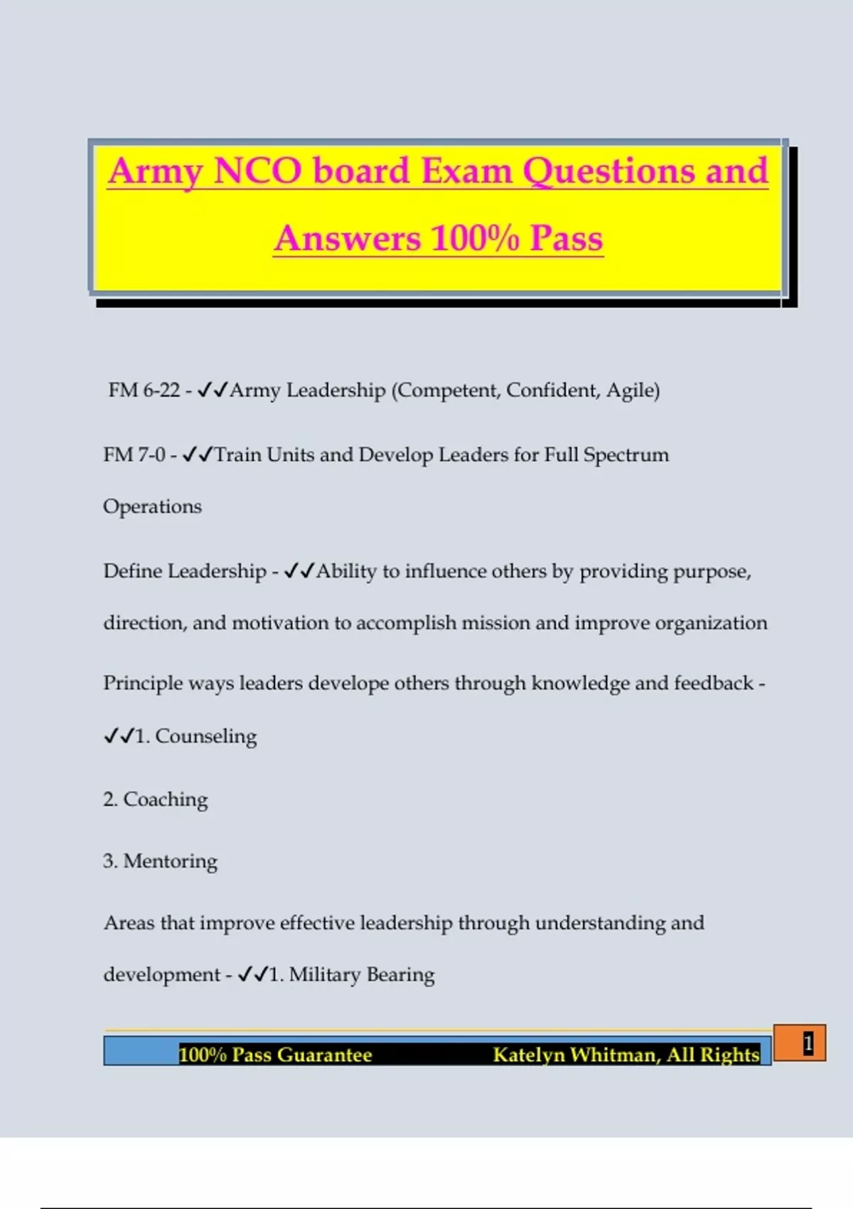 Army NCO board Exam Questions and Answers 100% Pass - JROTC NCO Board ...