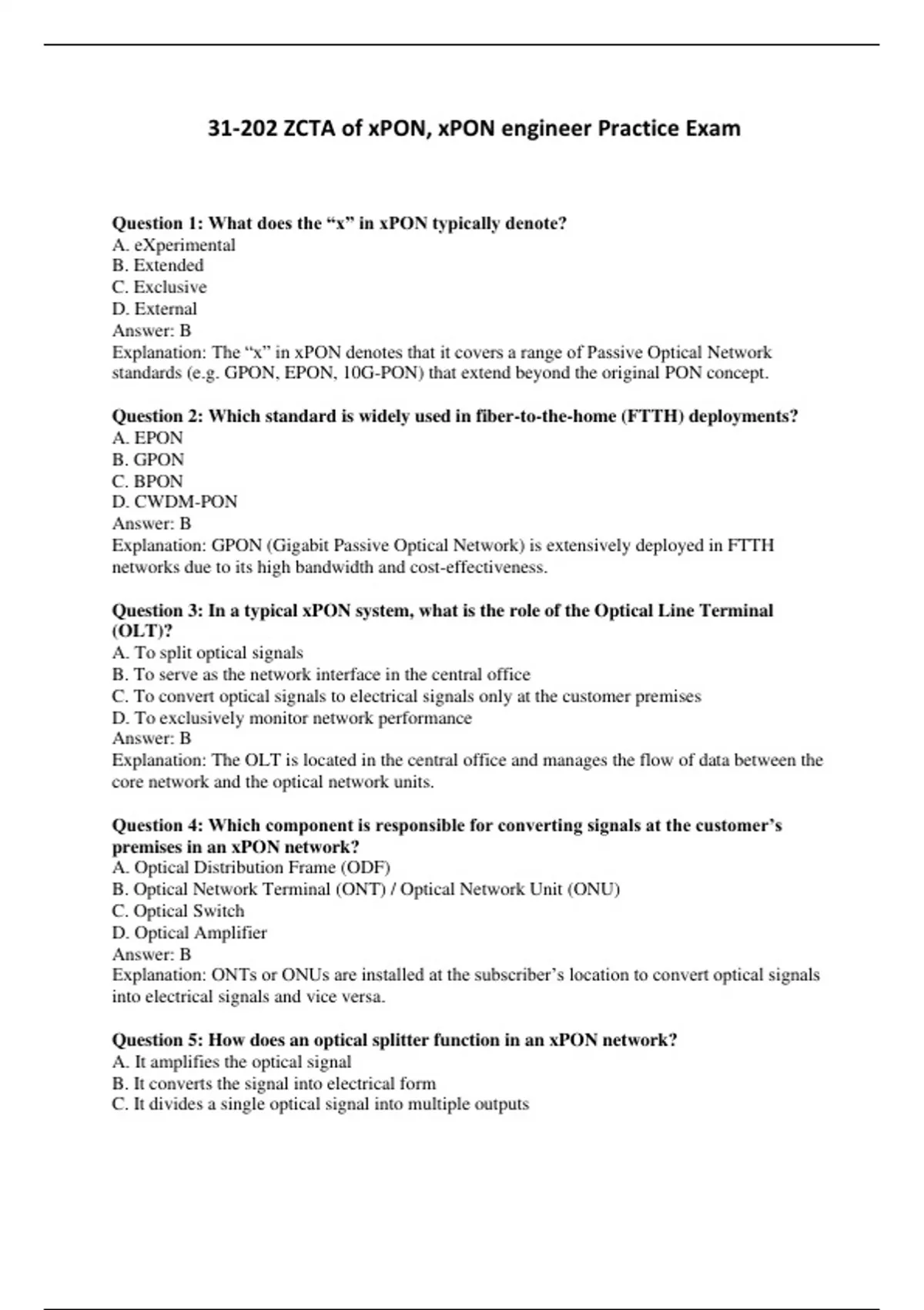 31-202 ZCTA of xPON, xPON engineer Practice Exam - Computers - Stuvia US
