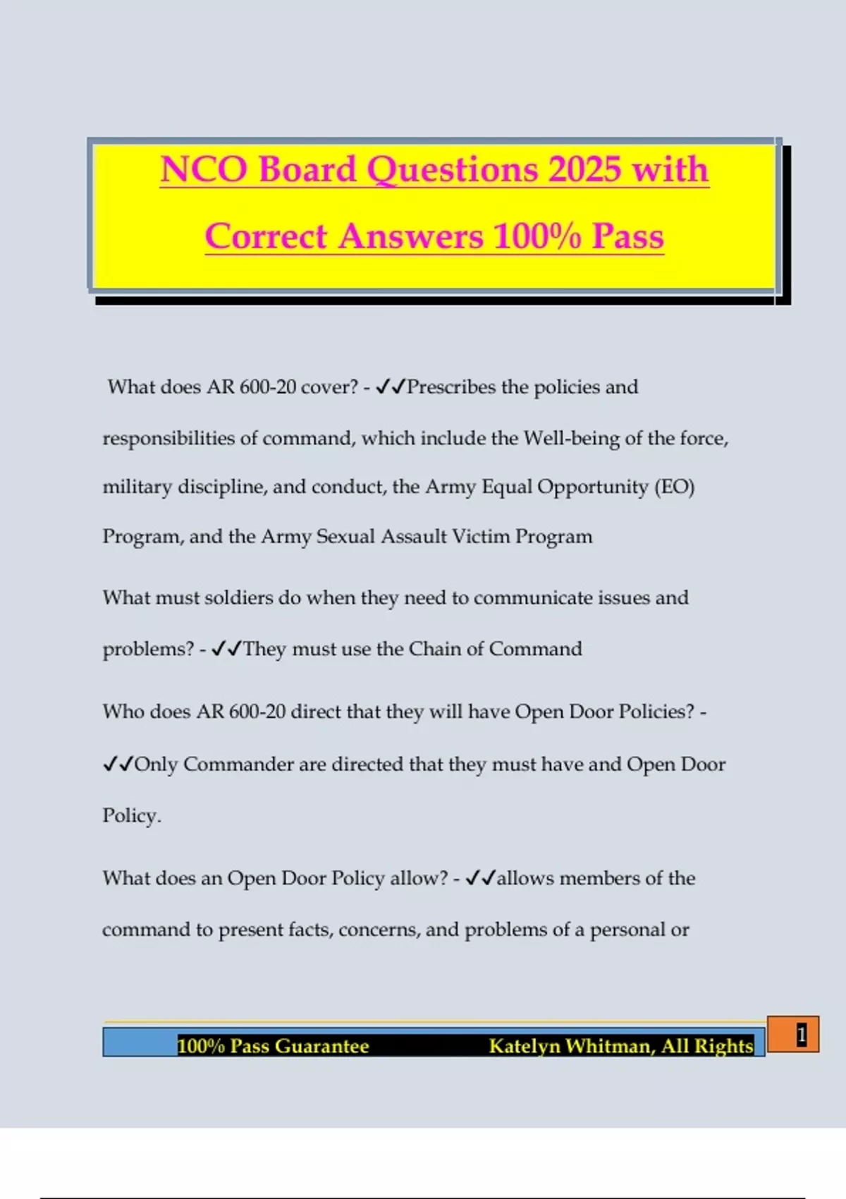 NCO Board Questions 2025 with Correct Answers 100% Pass - JROTC NCO ...