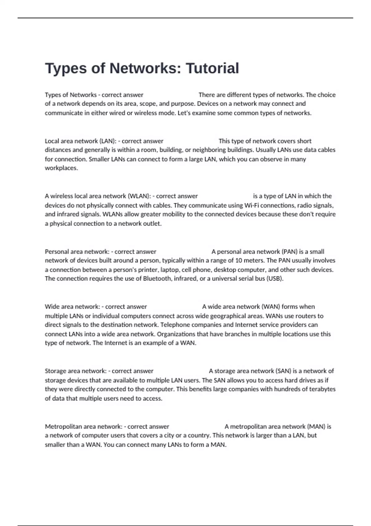 Types of Networks: Tutorial Exam Study Questions With Correct Verified ...