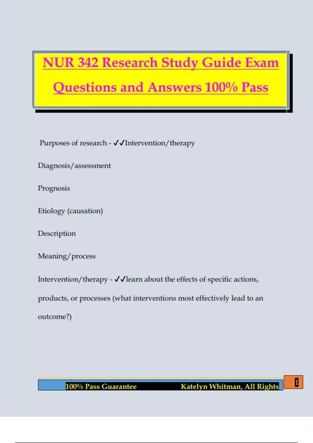 NUR 342 Research Study Guide Exam Questions and Answers 100% Pass - NUR 342 - Stuvia US