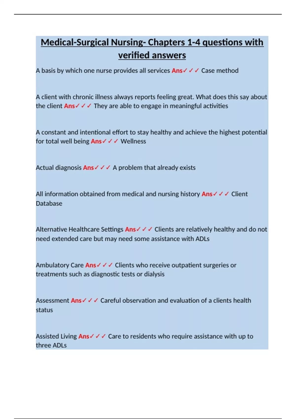 Medical-Surgical Nursing- Chapters 1-4 questions with verified answers ...