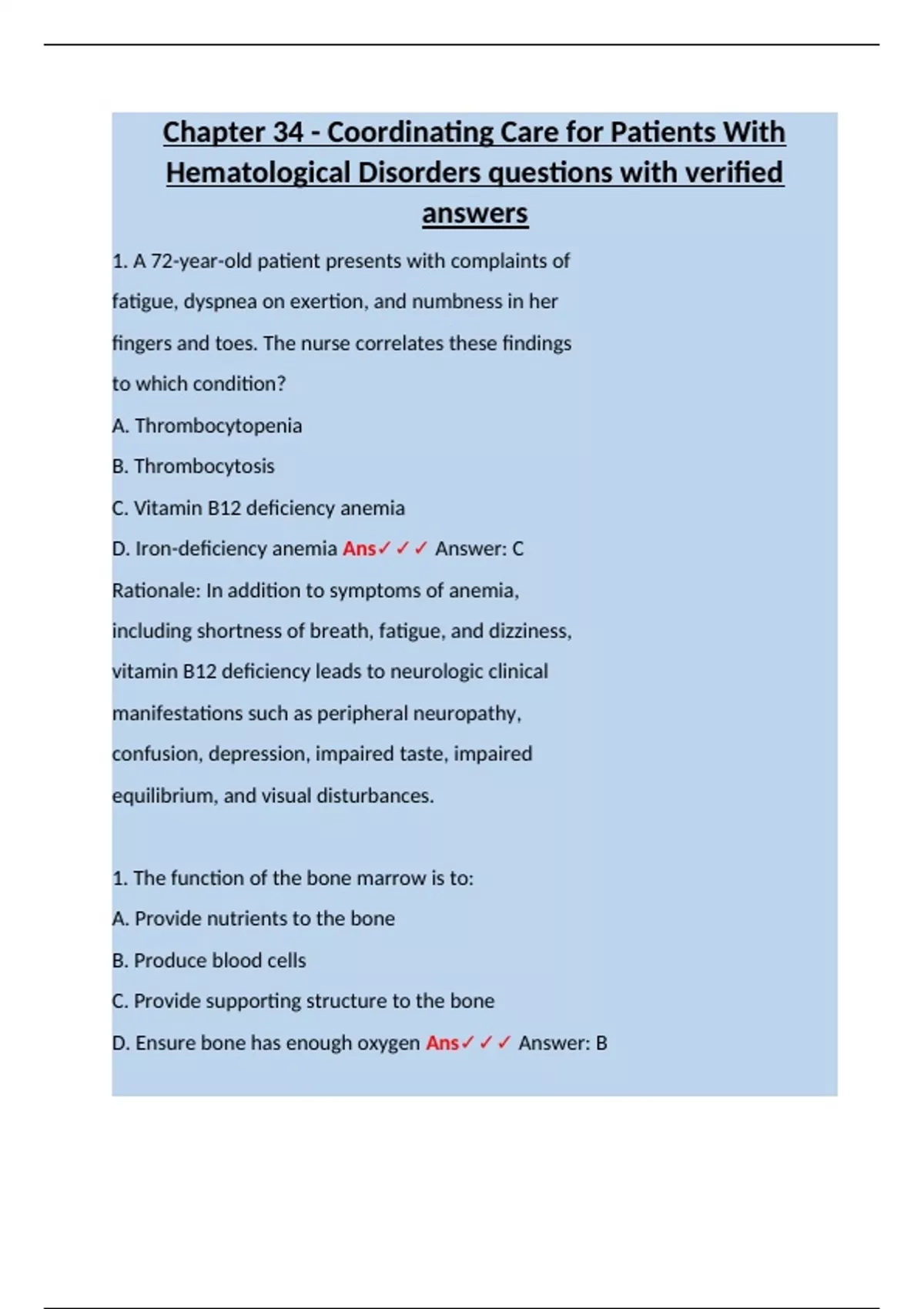 Chapter 34 - Coordinating Care for Patients With Hematological Disorders questions with verified ...