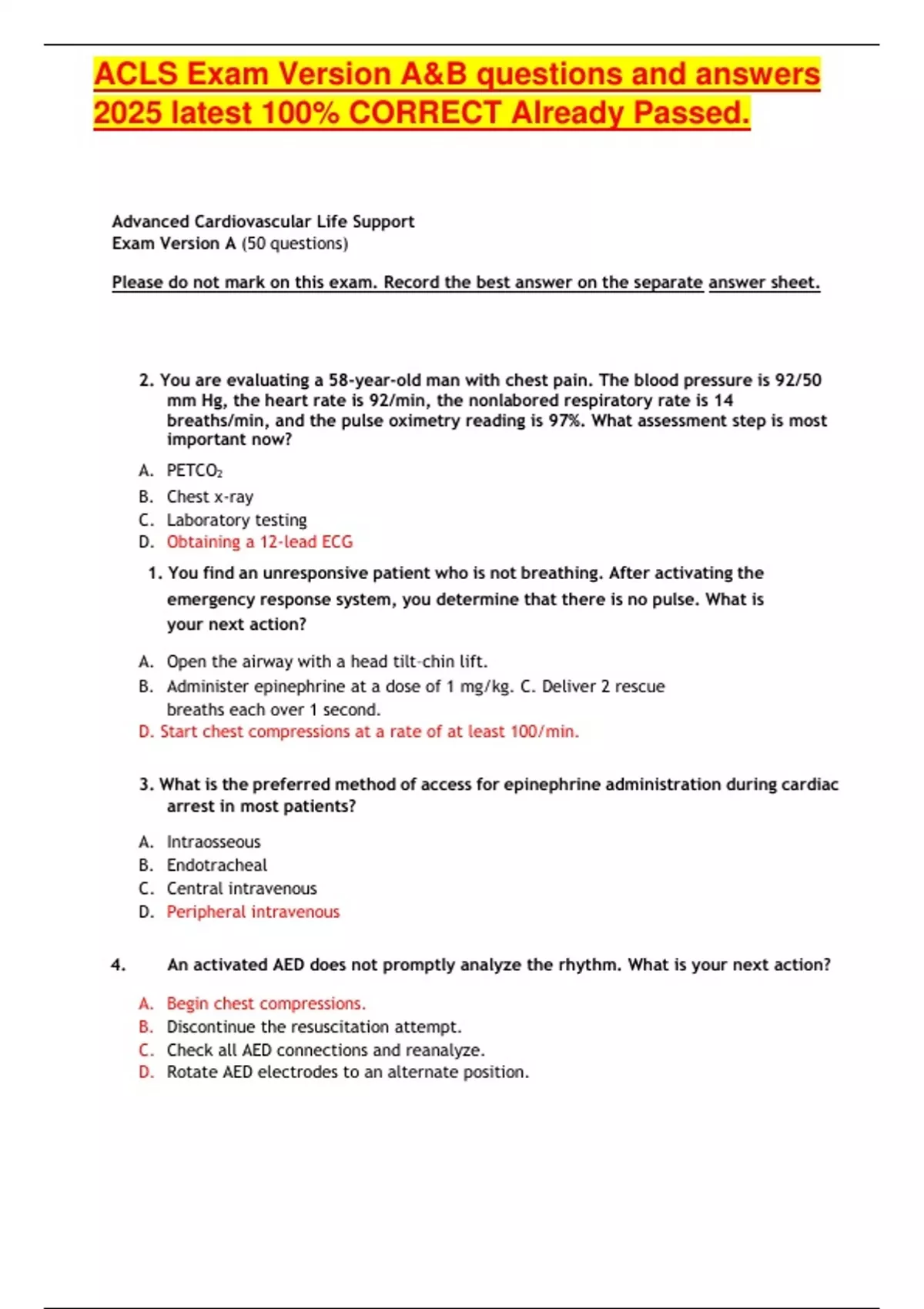 ACLS Exam Version A&B questions and answers 2025 latest 100% CORRECT ...