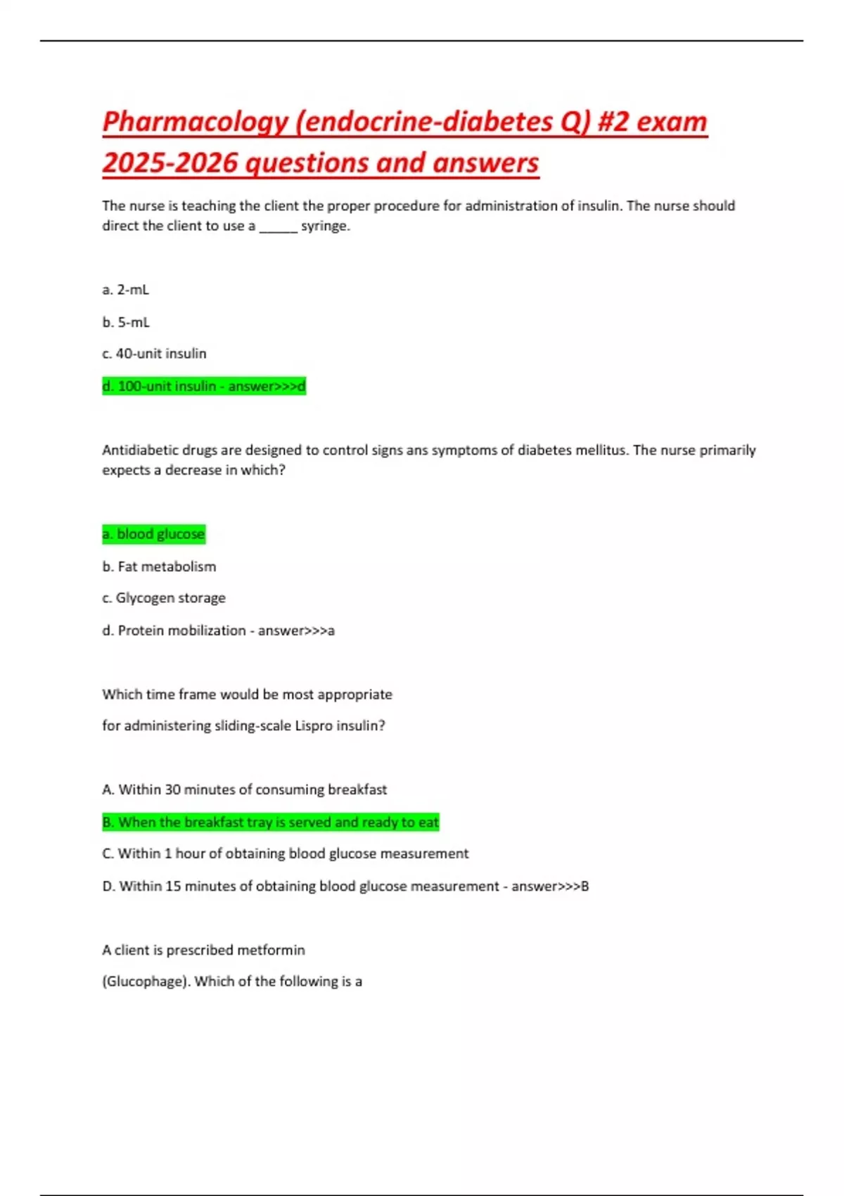 Pharmacology (endocrine-diabetes Q) #2 exam questions and answers ...