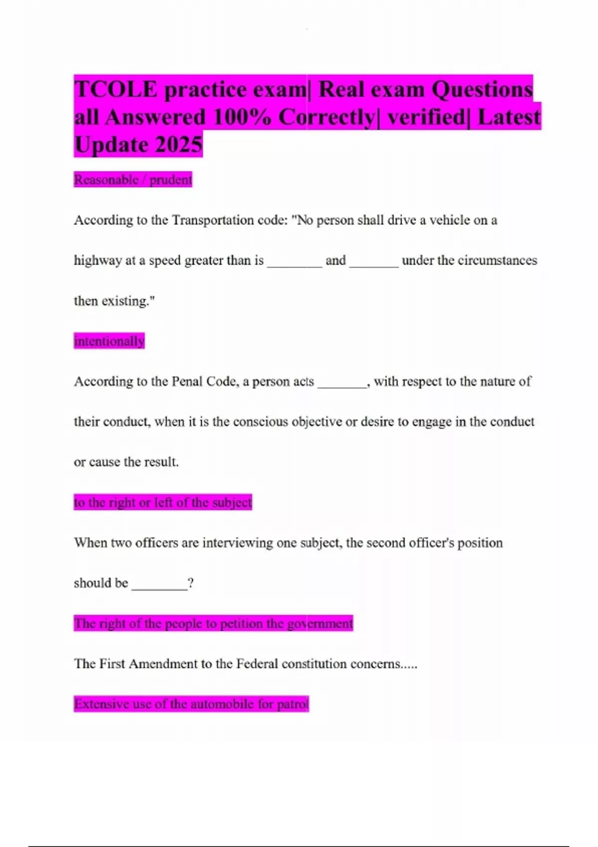 TCOLE practice exam| Real exam Questions all Answered 100% Correctly ...