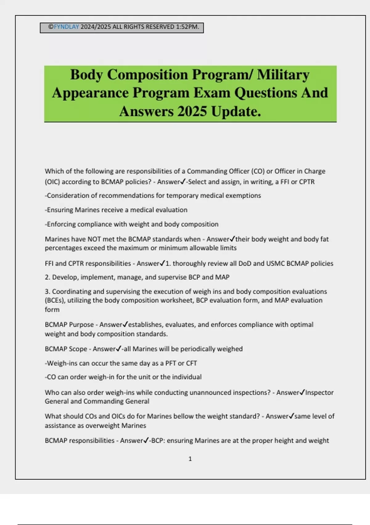 Body Composition Program/ Military Appearance Program Exam Questions ...