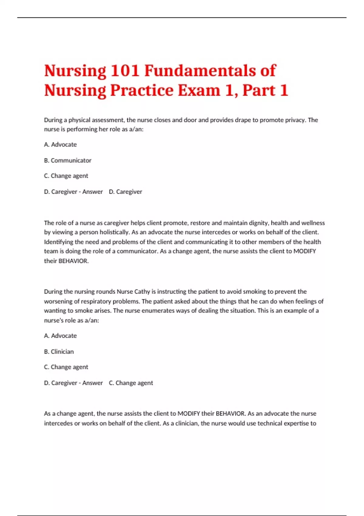Nursing 101 Fundamentals of Nursing Practice Exam 1, Part 1 - Nursing ...