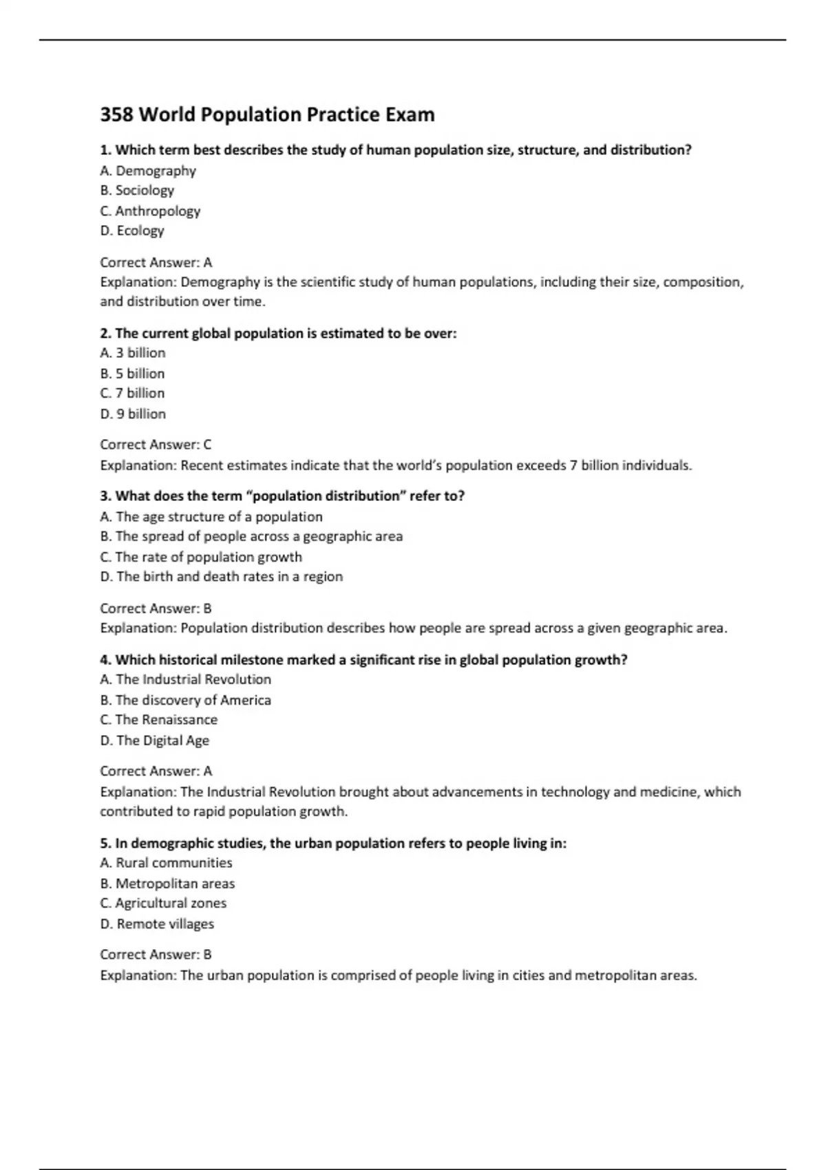 358 World Population Practice Exam - Computers - Stuvia US