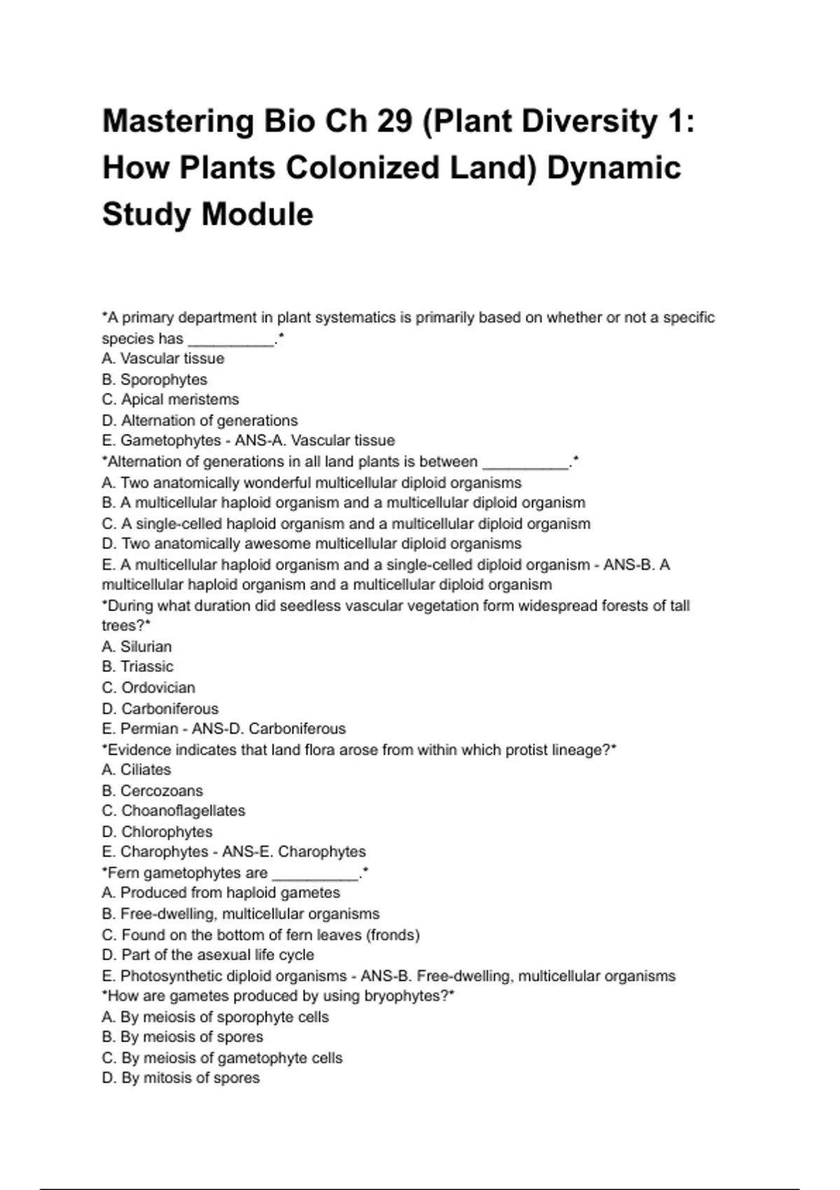 Mastering Bio Ch 29 (Plant Diversity 1: How Plants Colonized Land ...